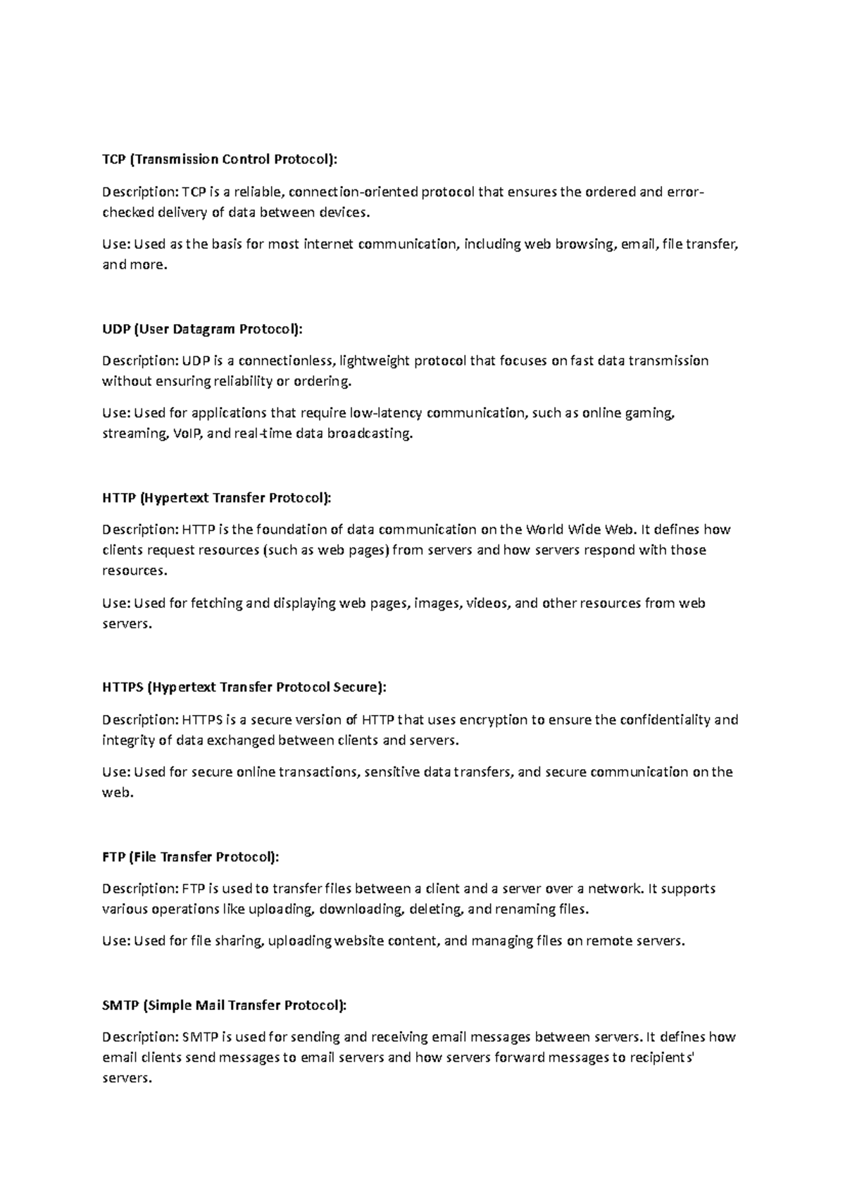 Network notes - TCP (Transmission Control Protocol): Description: TCP ...
