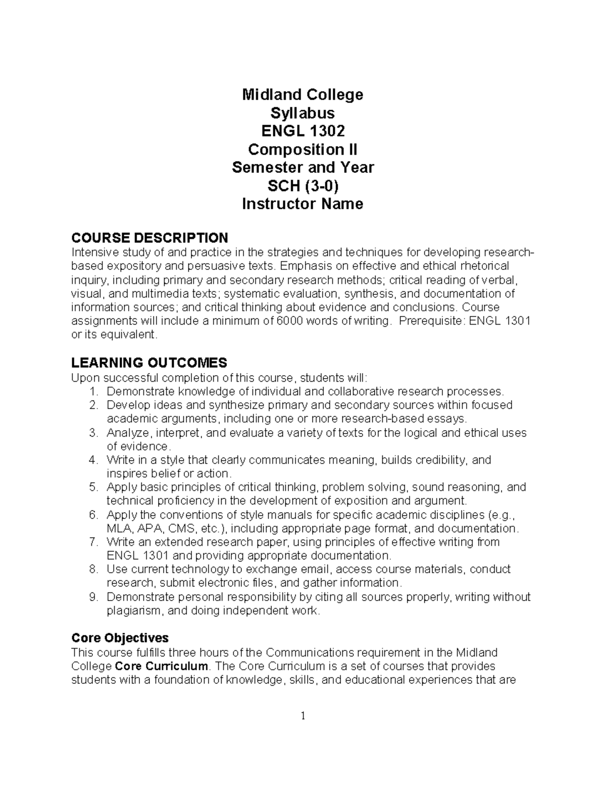 ENGL-1302 Composition II - Midland College Syllabus ENGL 1302 ...