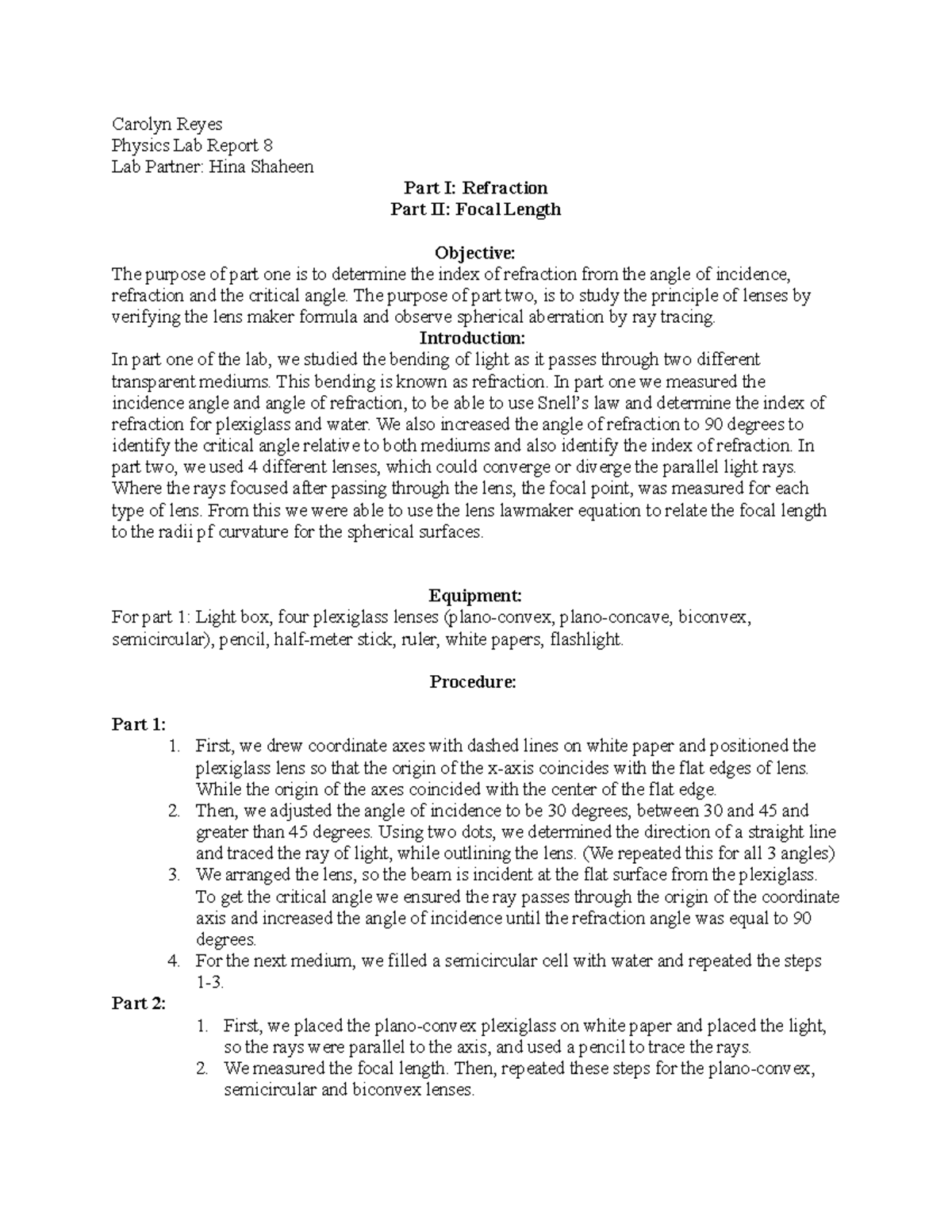 Lab 8 physics 2021 physics - Carolyn Reyes Physics Lab Report 8 Lab ...