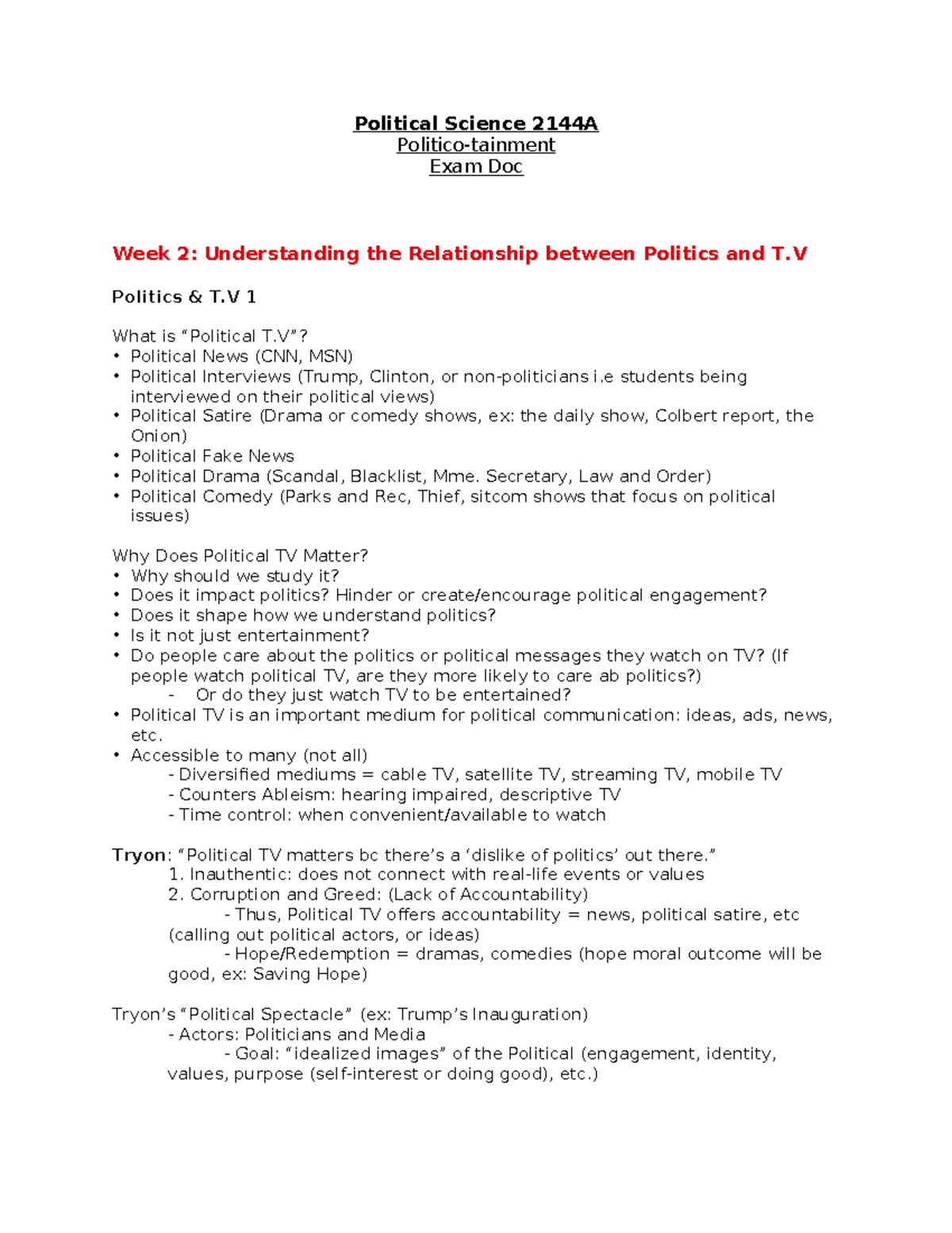 2144A Notes - Political Science 2144A Politico-tainment Exam Doc Week 2 ...