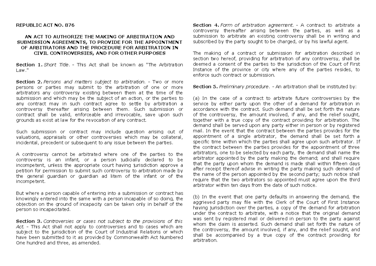 Republic Act No. 876 - REPUBLIC ACT NO. 876 AN ACT TO AUTHORIZE THE ...