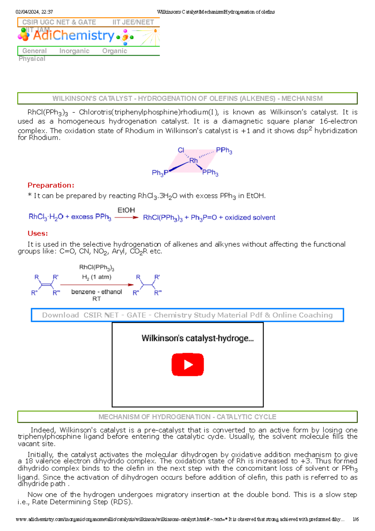 Wilkinson's Catalyst Mechanism Hydrogenation of olefins - CSIR UGC NET ...