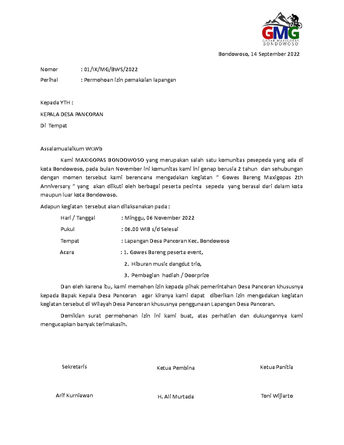Surat izin 01 Desa pancoran - Nomor : 01/IX/MG/BWS/ Perihal : Permohoan ...