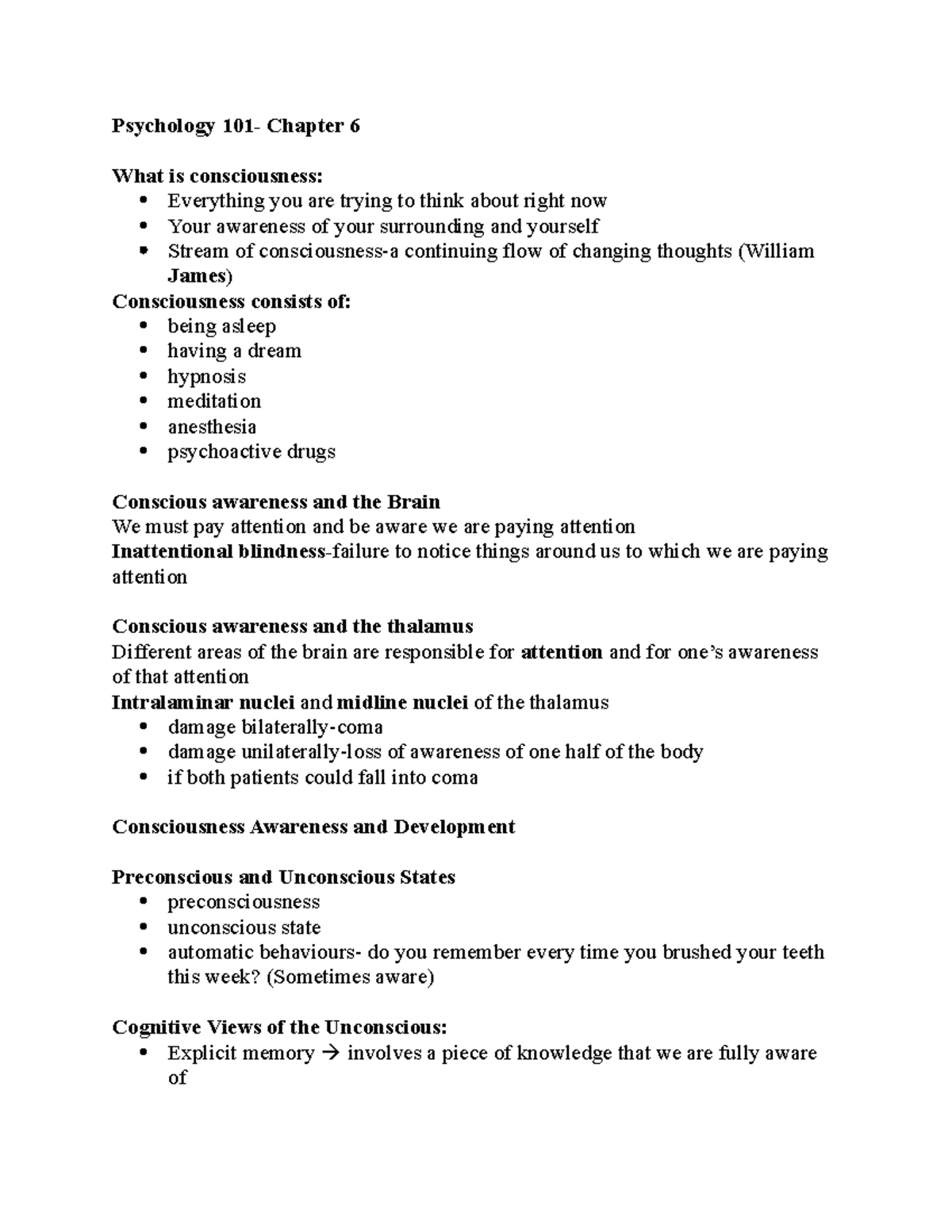 Chapter 6 - notes - Psychology 101- Chapter 6 What is consciousness ...