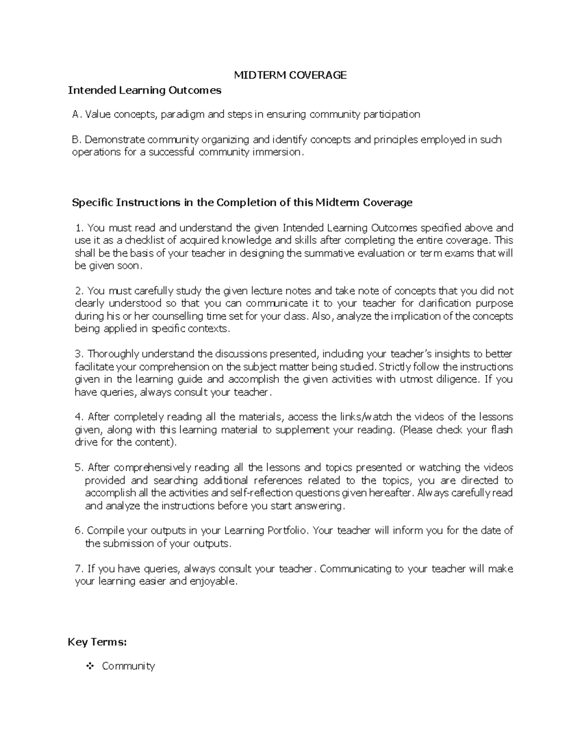 Midterm Lessons - none - MIDTERM COVERAGE Intended Learning Outcomes A. Value concepts, paradigm ...