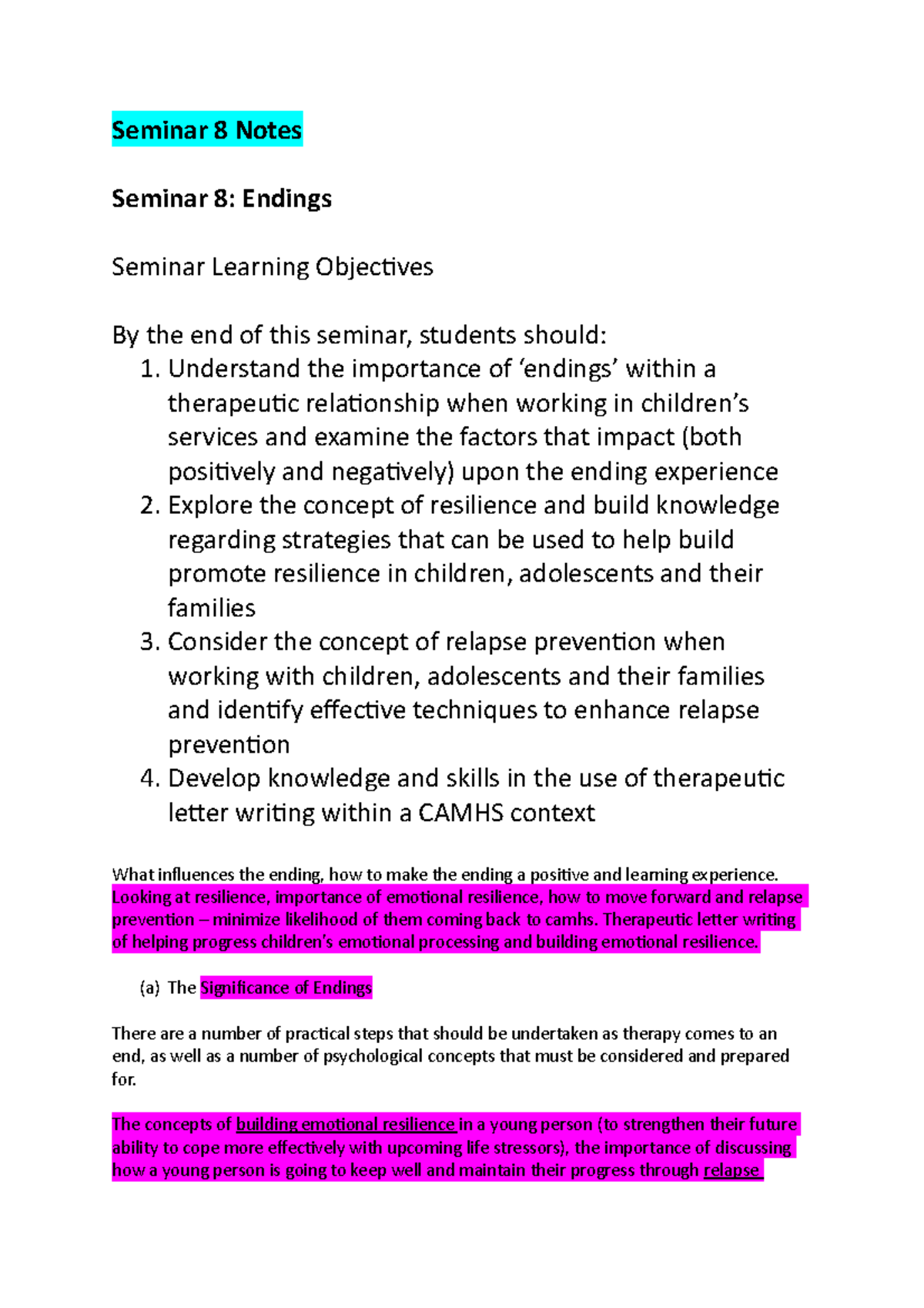 Seminar 8 Notes - Seminar 8 Notes Seminar 8: Endings Seminar Learning ...