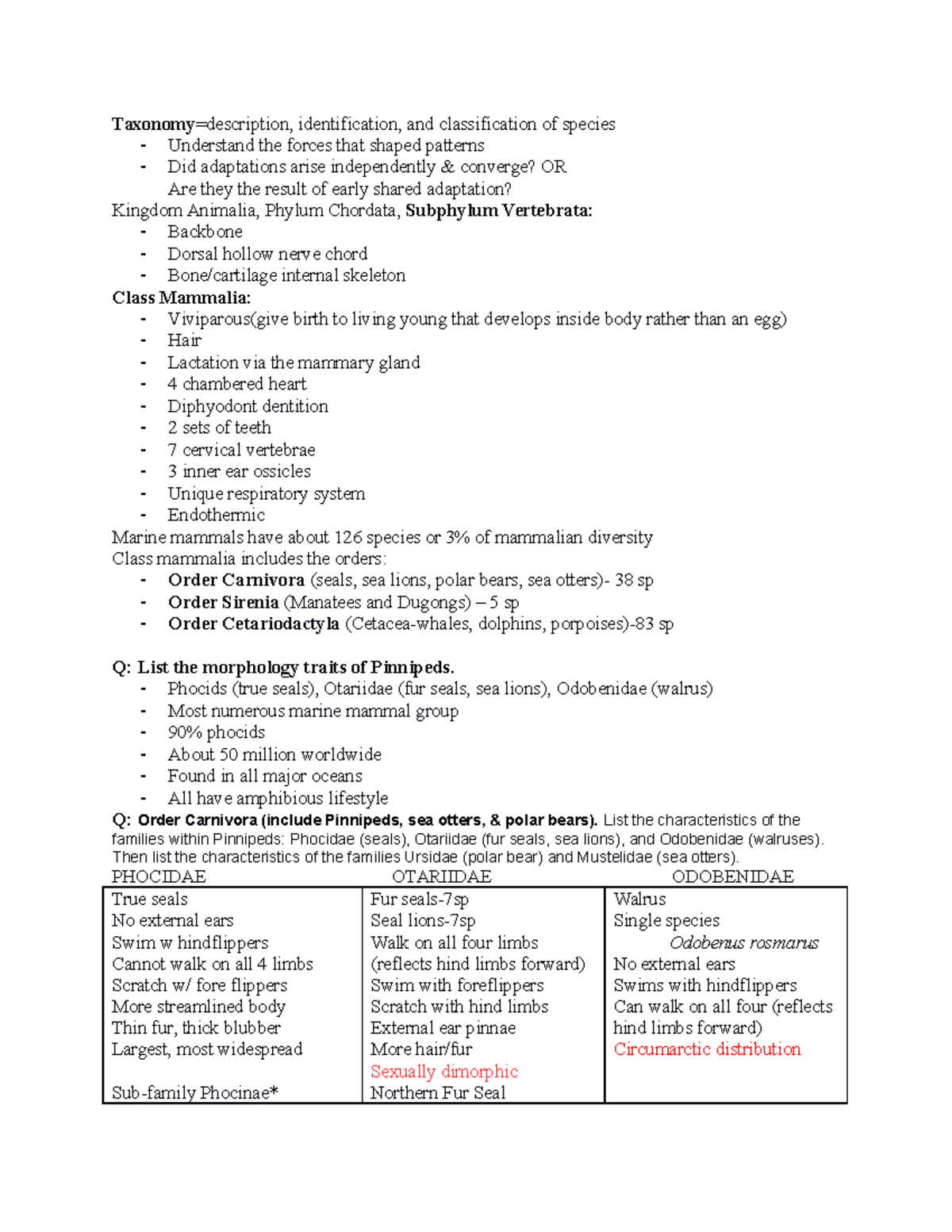 Lecture 1&2 notes - A survey of cetaceans, pinnipeds, sirenians, and ...