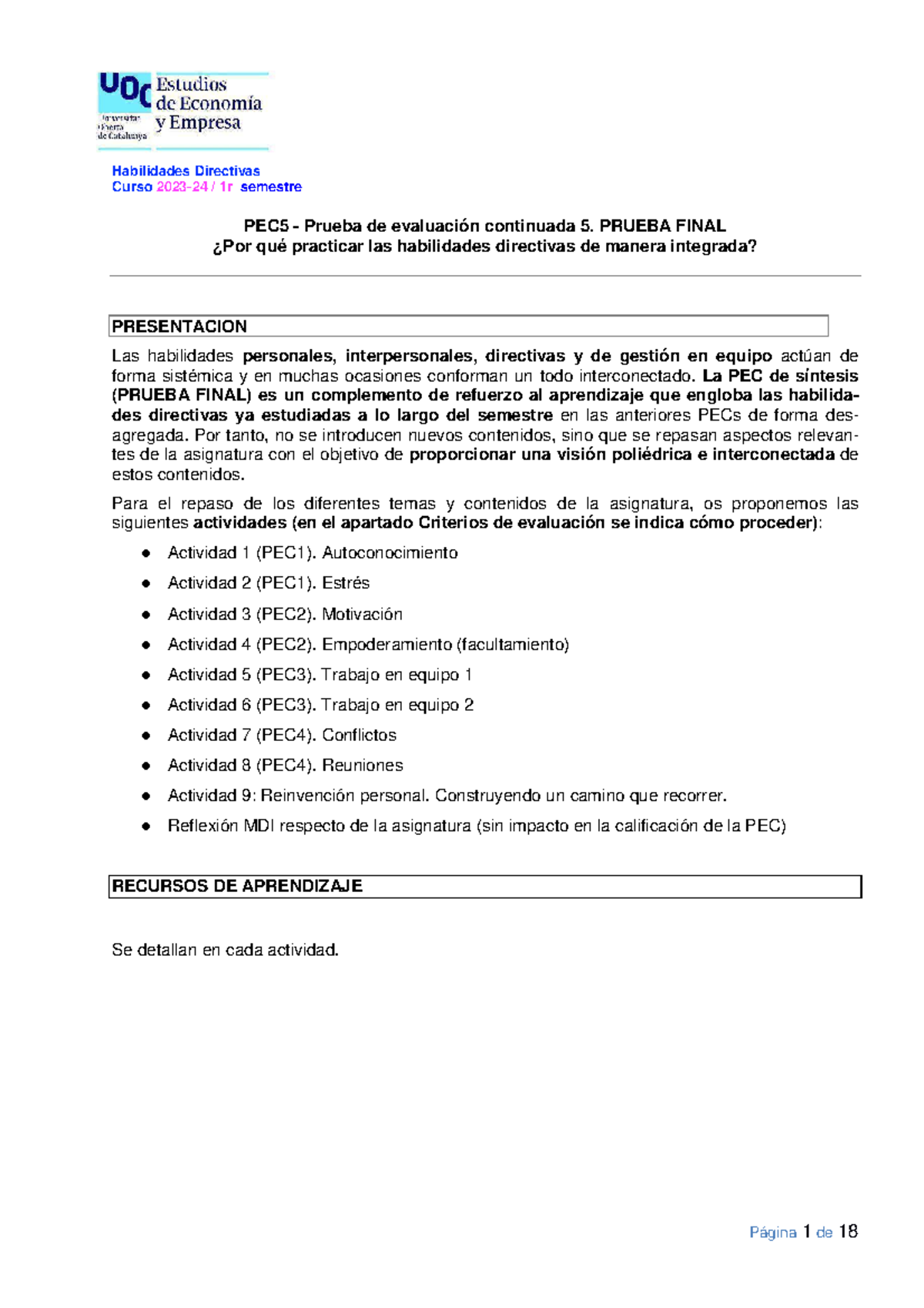 HD PEC5 enunciado 23 24 1-1 - Habilidades Directivas Curso 2023-24 / 1r semestre PEC5 - Prueba ...