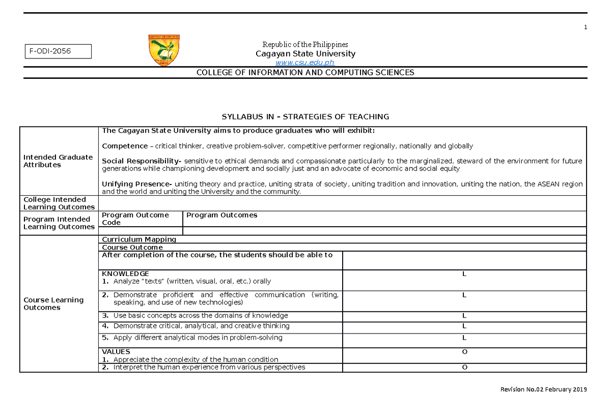 Syllabus IN strategies of teaching ODI template - Republic of the ...