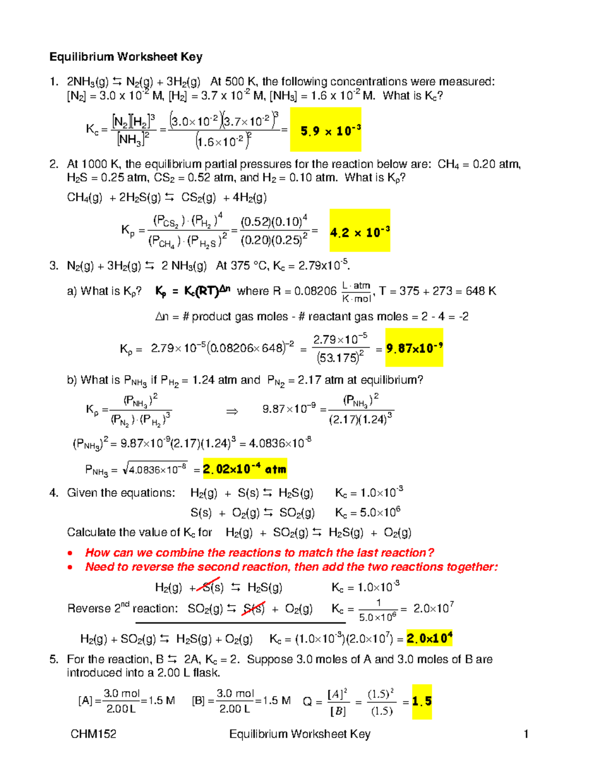 LOTS of equilibrium problems key - Equilibrium Worksheet Key 2NH 3 (g ...
