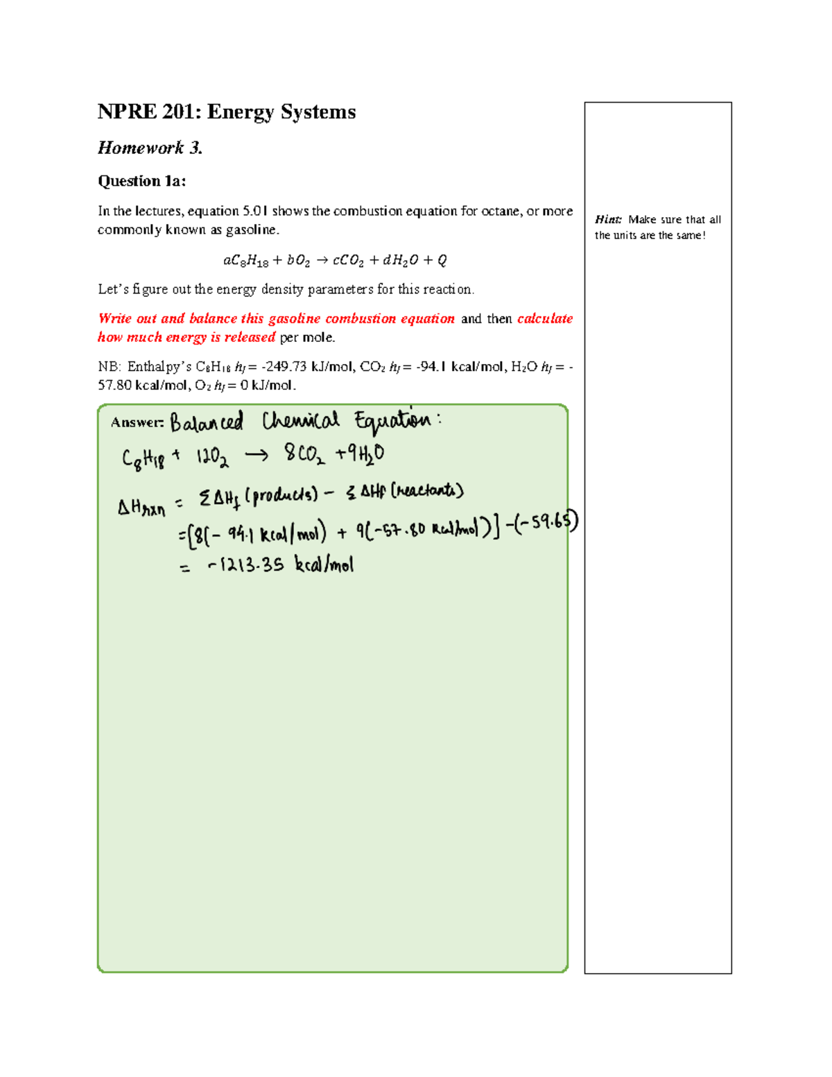Homework #3 - hw for npre - NPRE 201: Energy Systems Homework 3 ...
