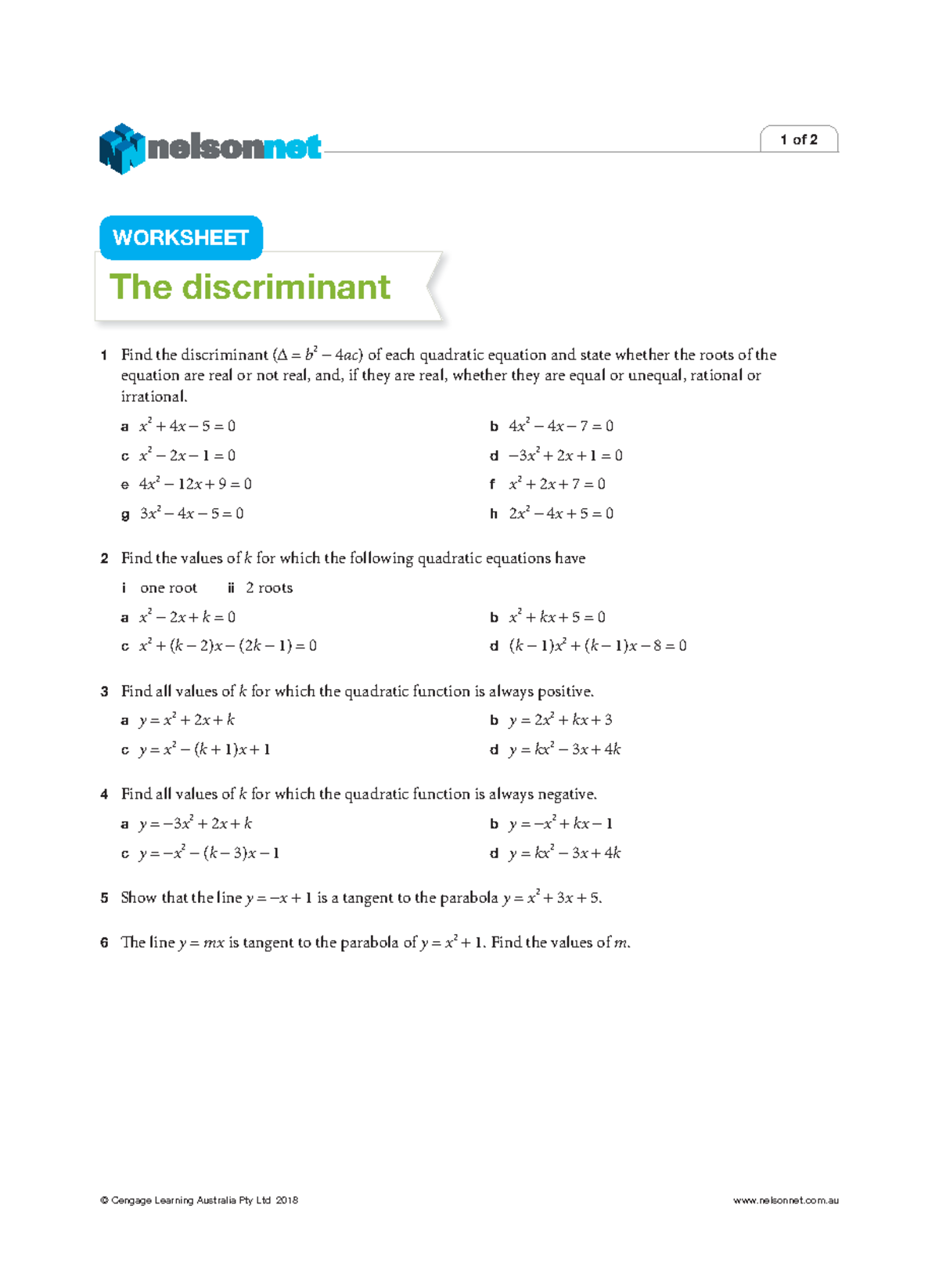 (Advanced) Discriminant - © Cengage Learning Australia Pty Ltd 2018 ...