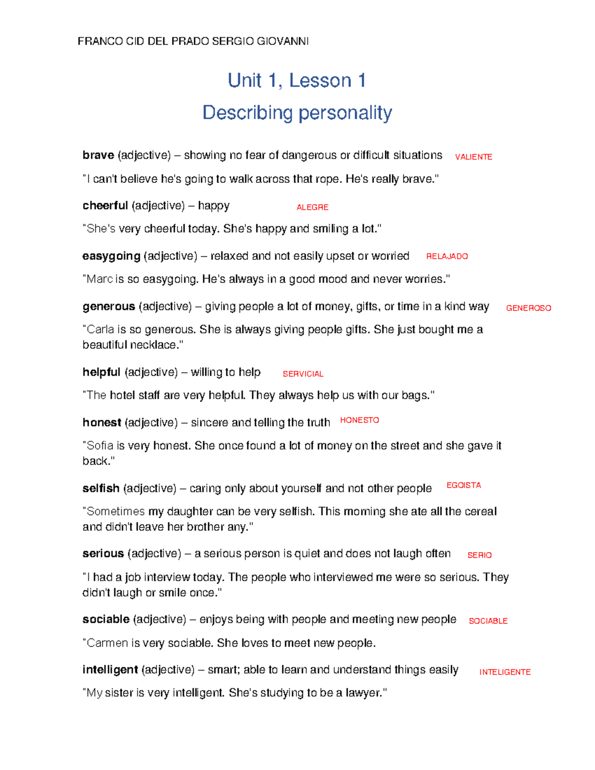 Vocabulary Units 1-6 - Unit 1, Lesson 1 Describing personality brave ...