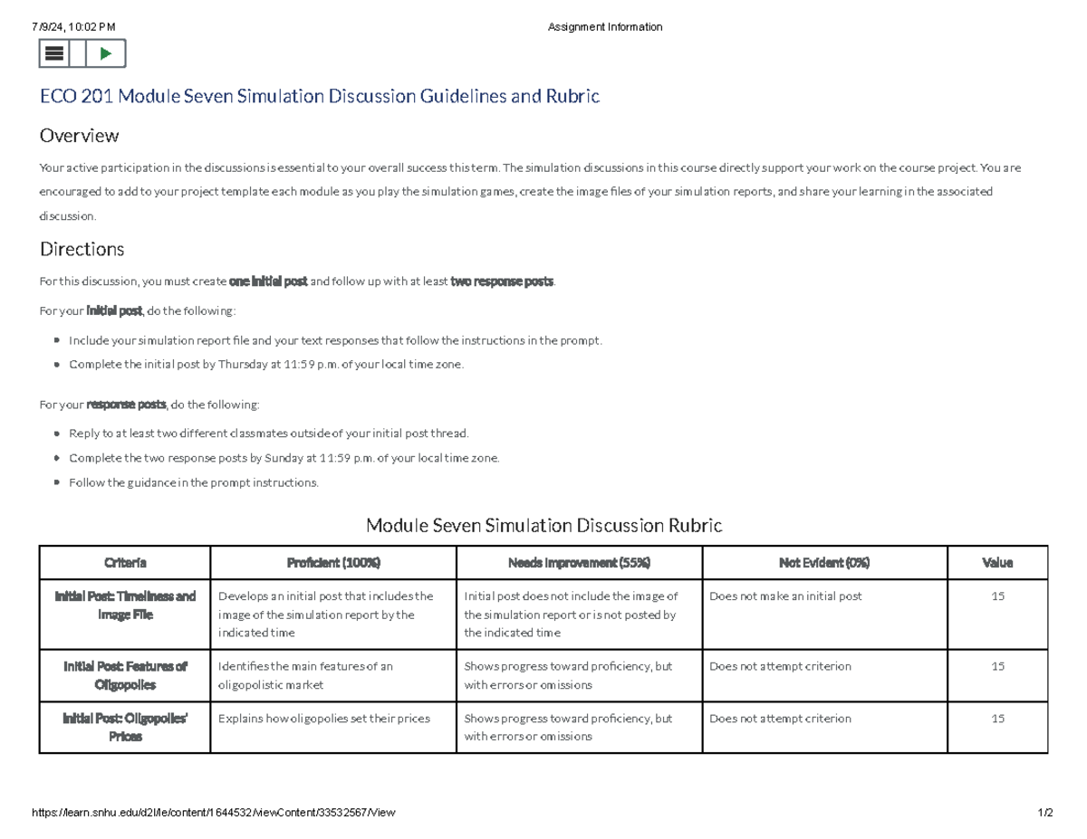 Module Seven Simulation Discussion Guidelines And Rubric Eco 201 11171 M01 Microeconomics 2024
