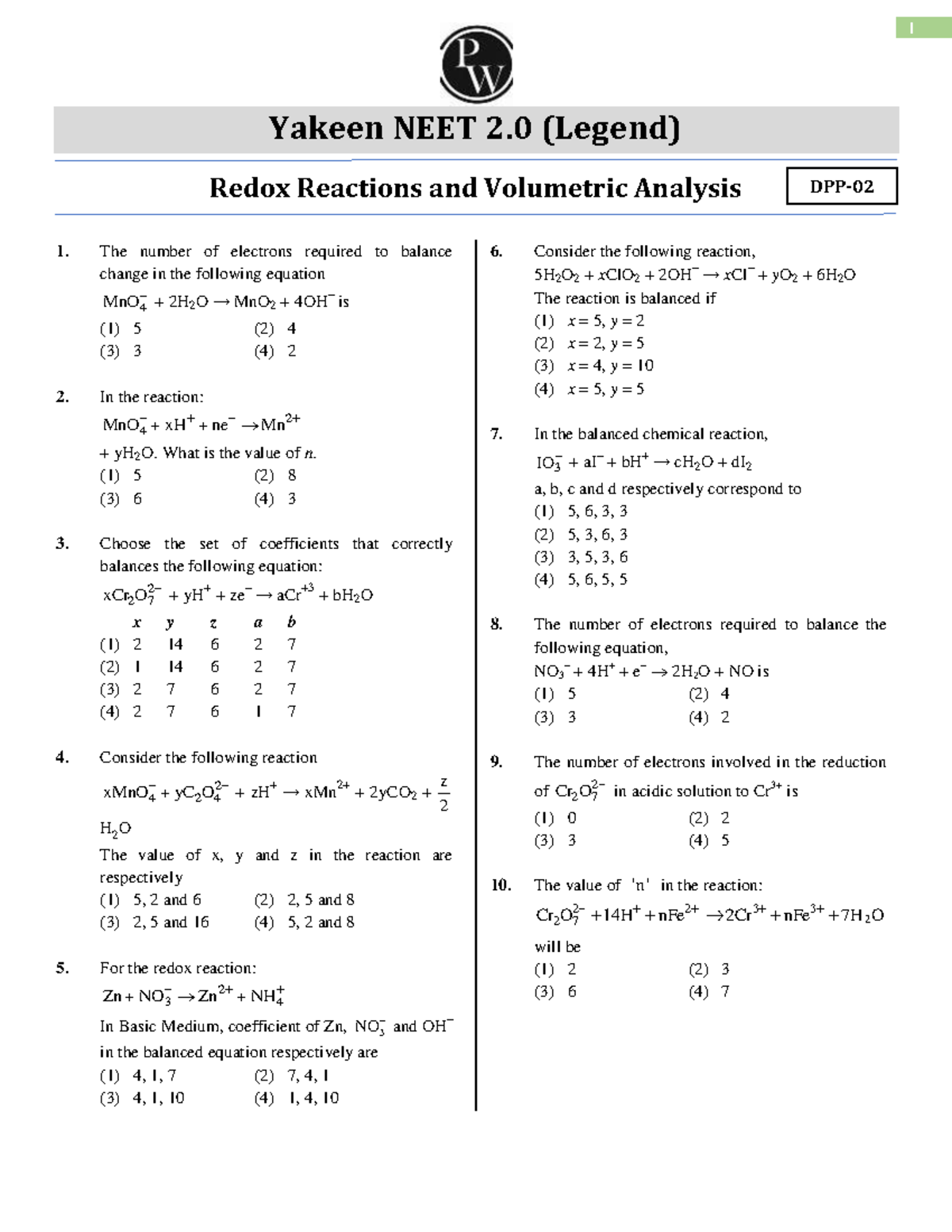 Redox Reactions And Volumetric Analysis DPP 02of Lec 03 Yakeen 20 - 1 Yakeen NEET 2 (Legend ...