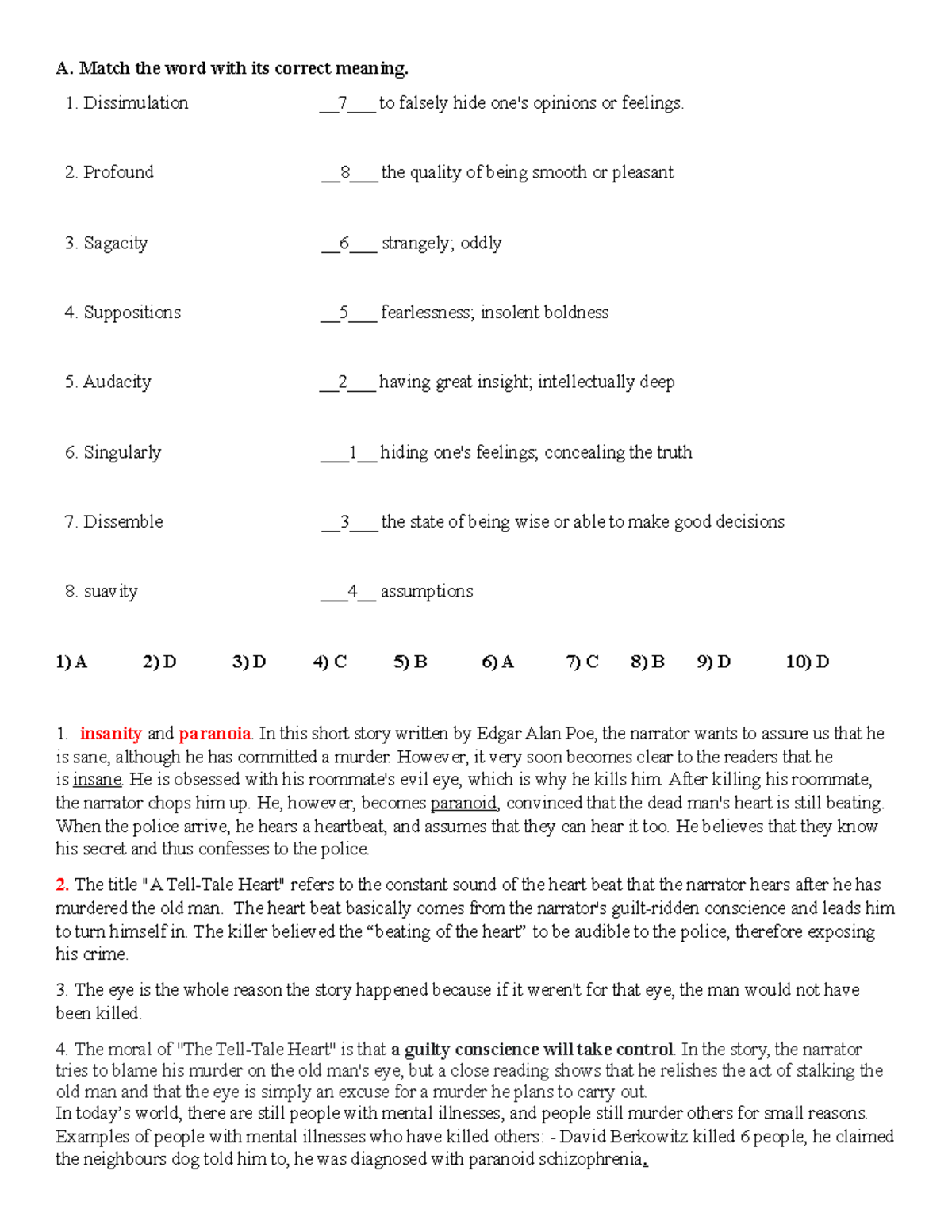 The tell tale heart answers[ 28422 ] - A. Match the word with its ...