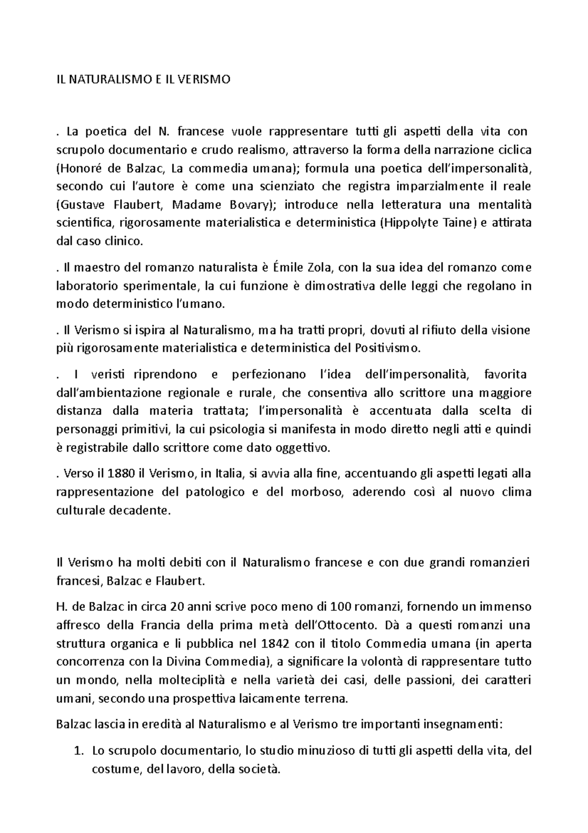 IL Naturalismo E IL Verismo schema riassuntivo - IL NATURALISMO E IL ...