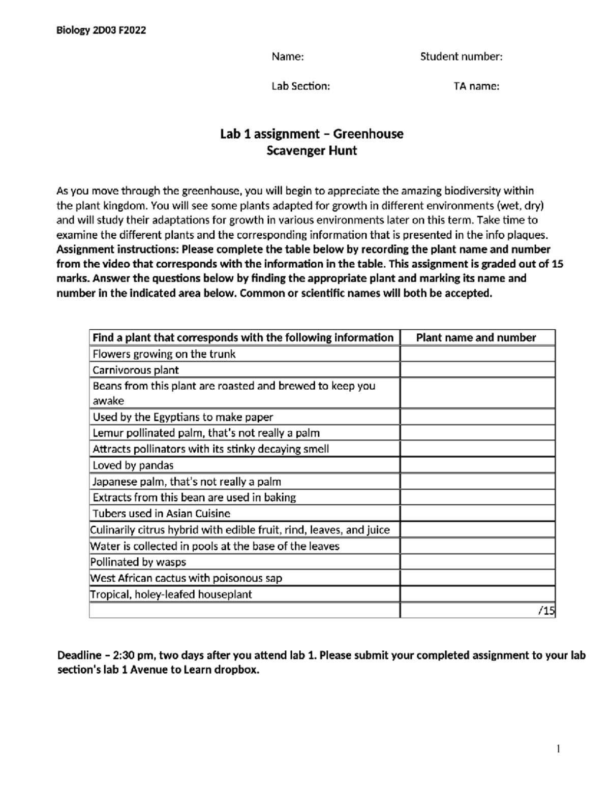 F22 Bio 2D03 Lab 1 - Greenhouse scavenger hunt - Biology 2D03 Plant ...