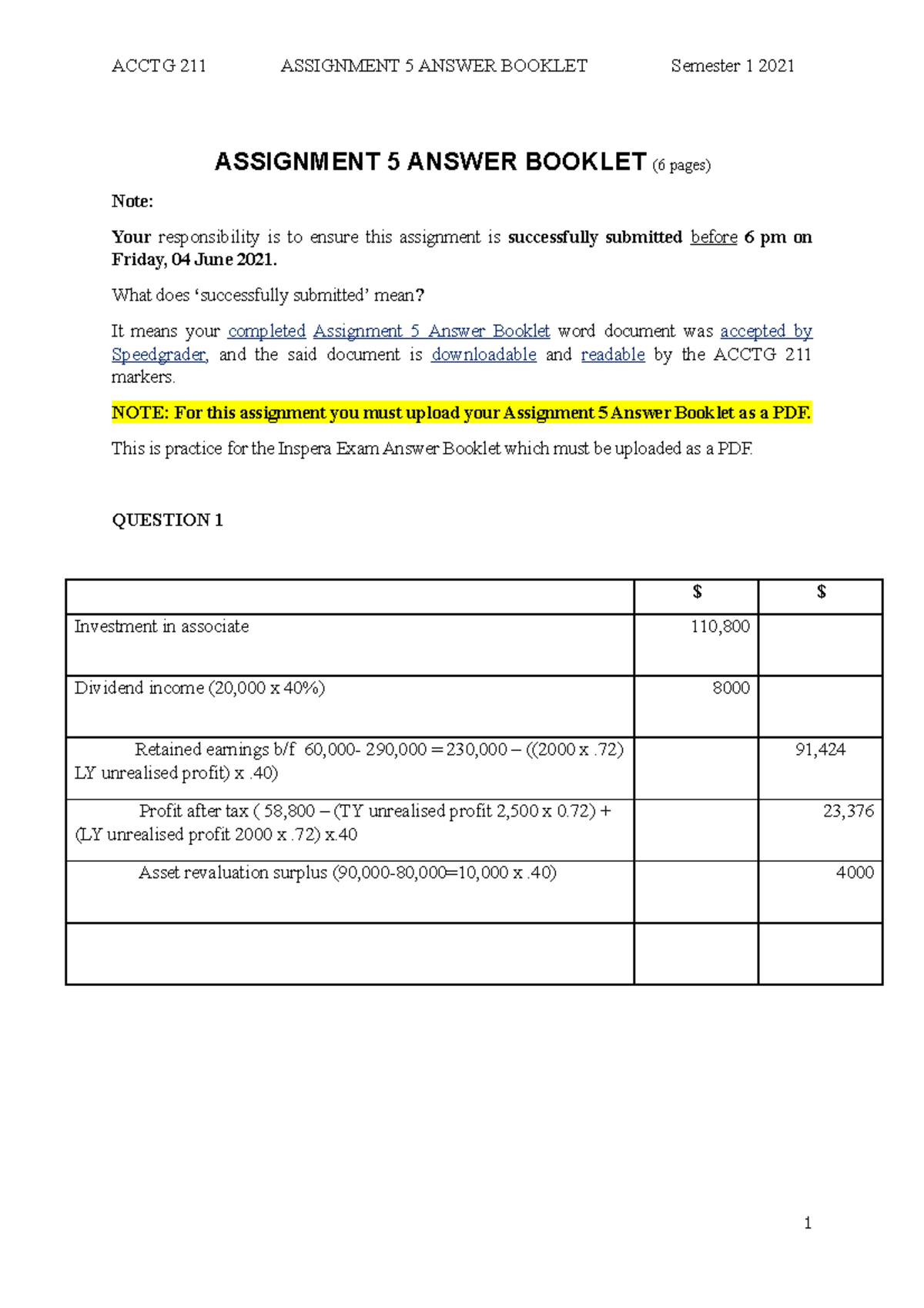 Assignment 5 complete - ASSIGNMENT 5 ANSWER BOOKLET (6 pages) Note ...