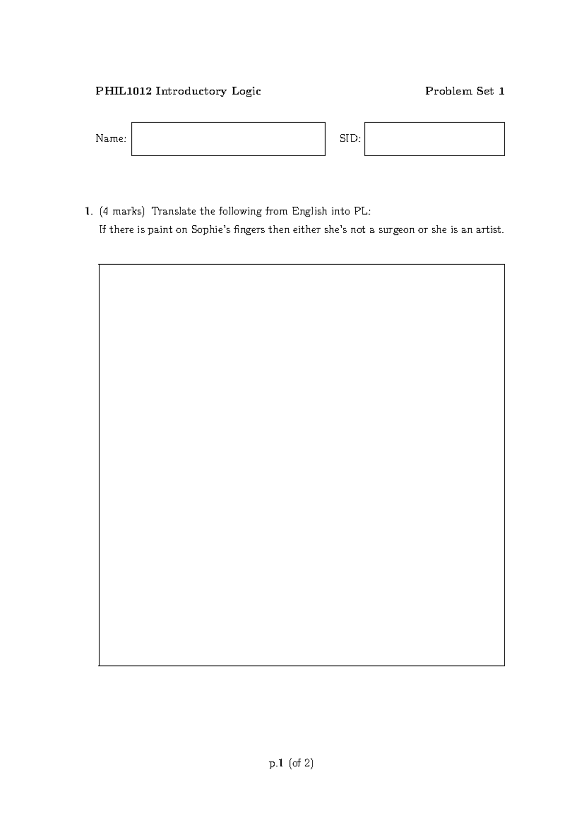 Problem Set 1 - PHIL1012 - p (of 2) - Studocu