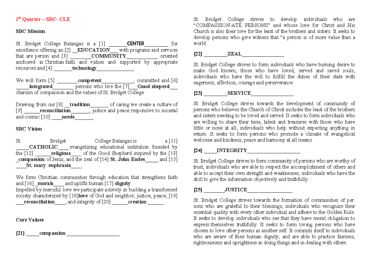 Q1 CLE SBC key - Answer Key - 1 st Quarter – SBC- CLE SBC Mission St ...