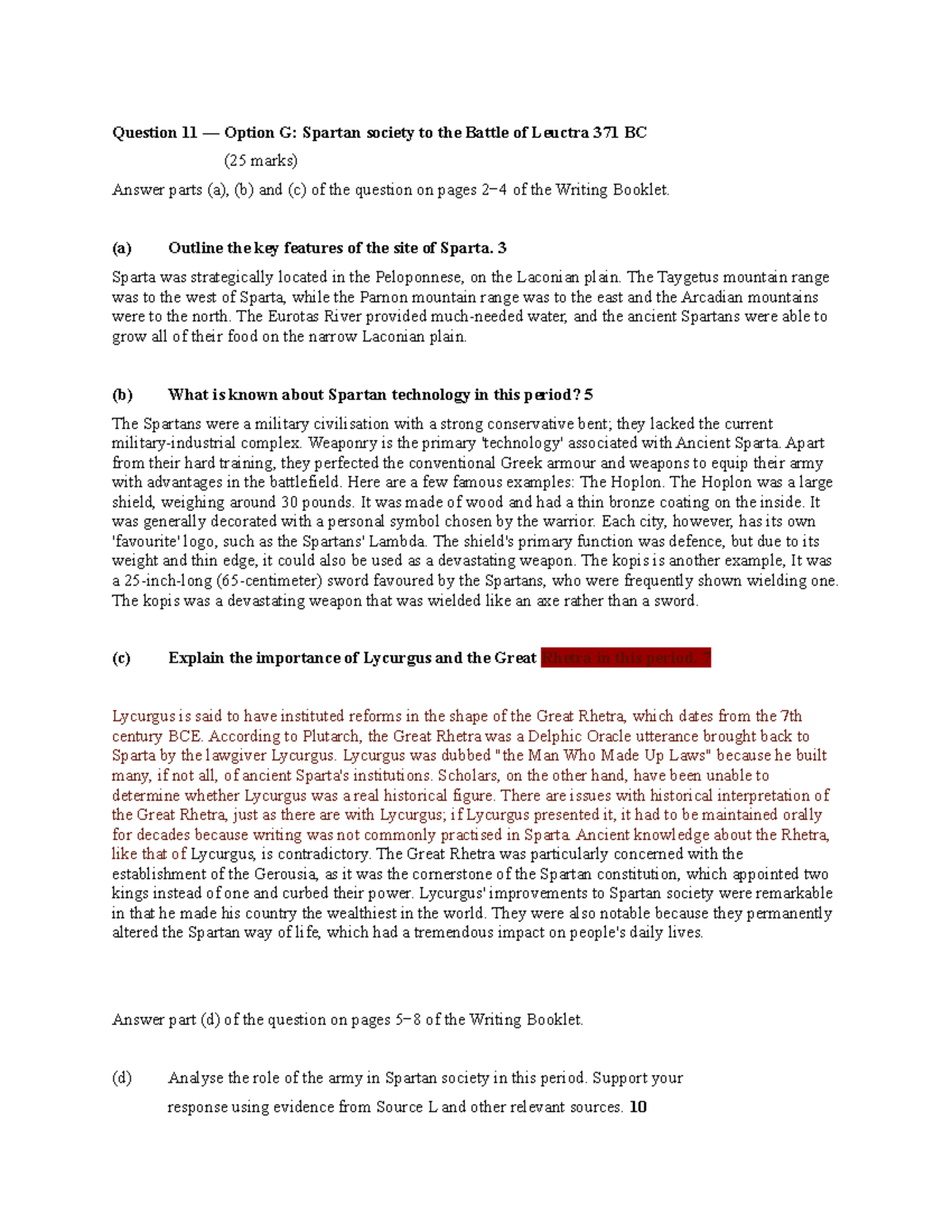 Summary Notes for Ancient History on Spartan Society - Question 11 ...