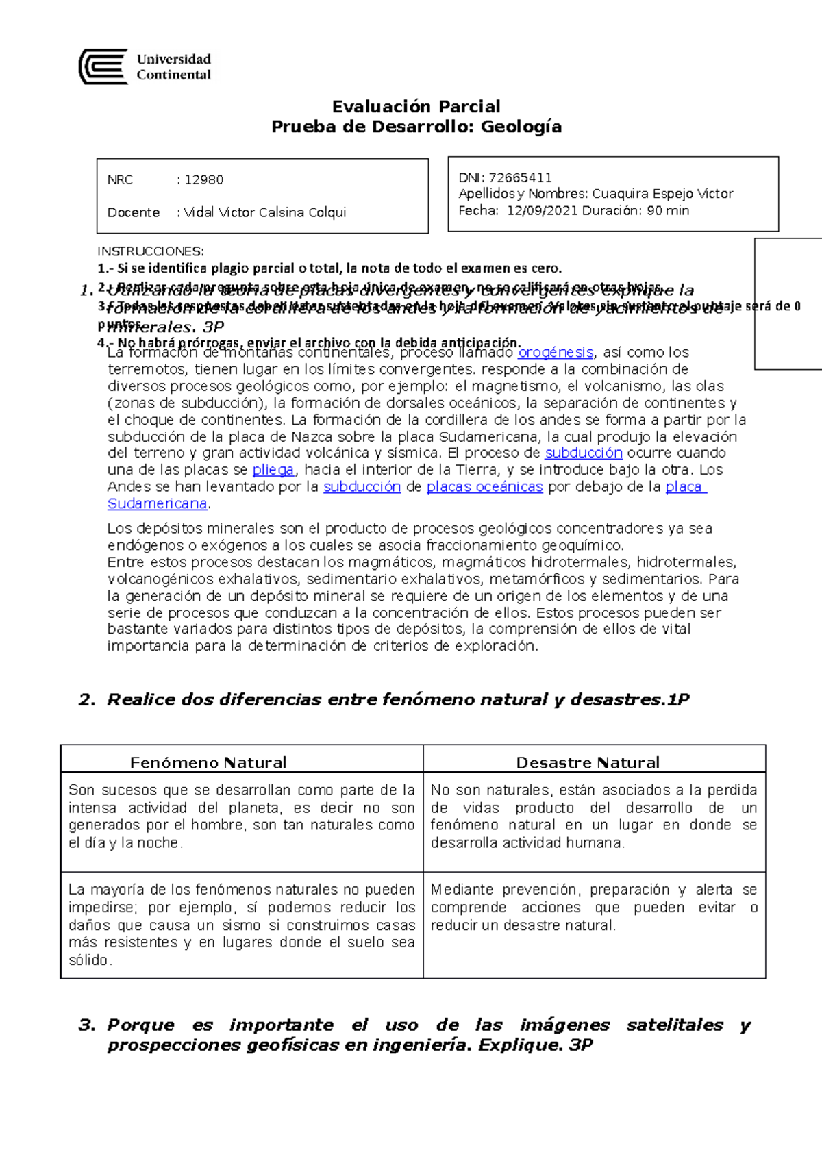 Examen Parcial Geología- Cuaquira Espejo - Evaluación Parcial Prueba de Desarrollo: Geología ...