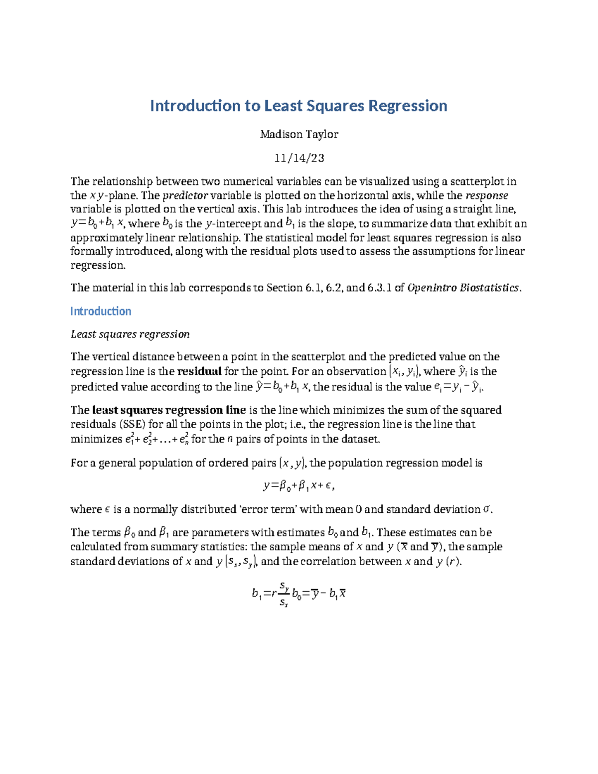 01 least squares mtaylor - Introduction to Least Squares Regression Madison Taylor 11/14/ The ...