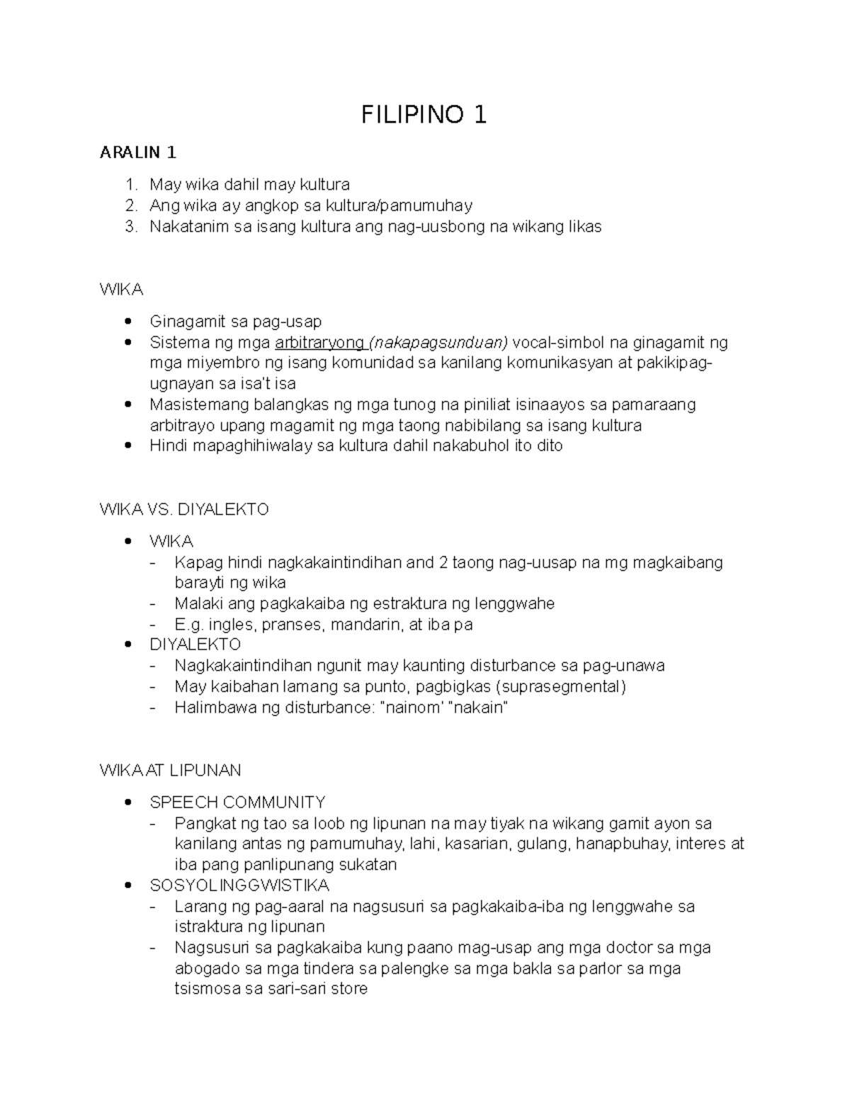 Filipino-notes-1 - Notes about the topic 'wika' - FILIPINO 1 ARALIN 1 ...