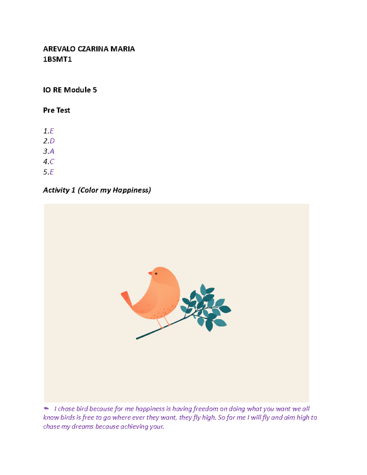 Arevalo Answersheet Block 1 - AREVALO CZARINA MARIA 1BSMT IO RE Module ...
