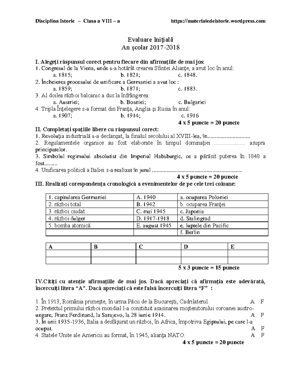Evaluare initiala clasa a viii a - Disciplina Istorie – Clasa a VIII ...