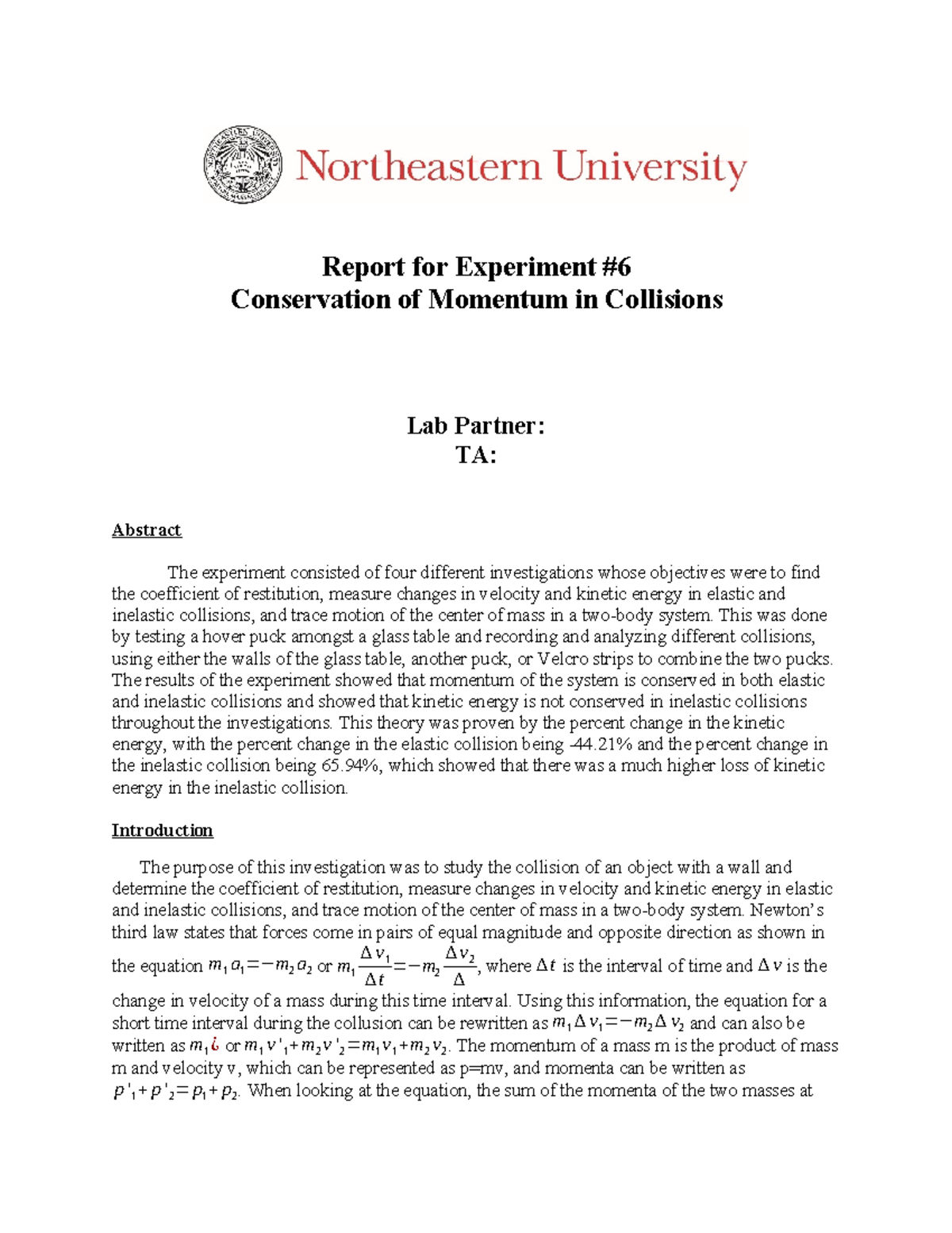 Lab Report 5 - 95/95 - Report for Experiment Conservation of Momentum ...