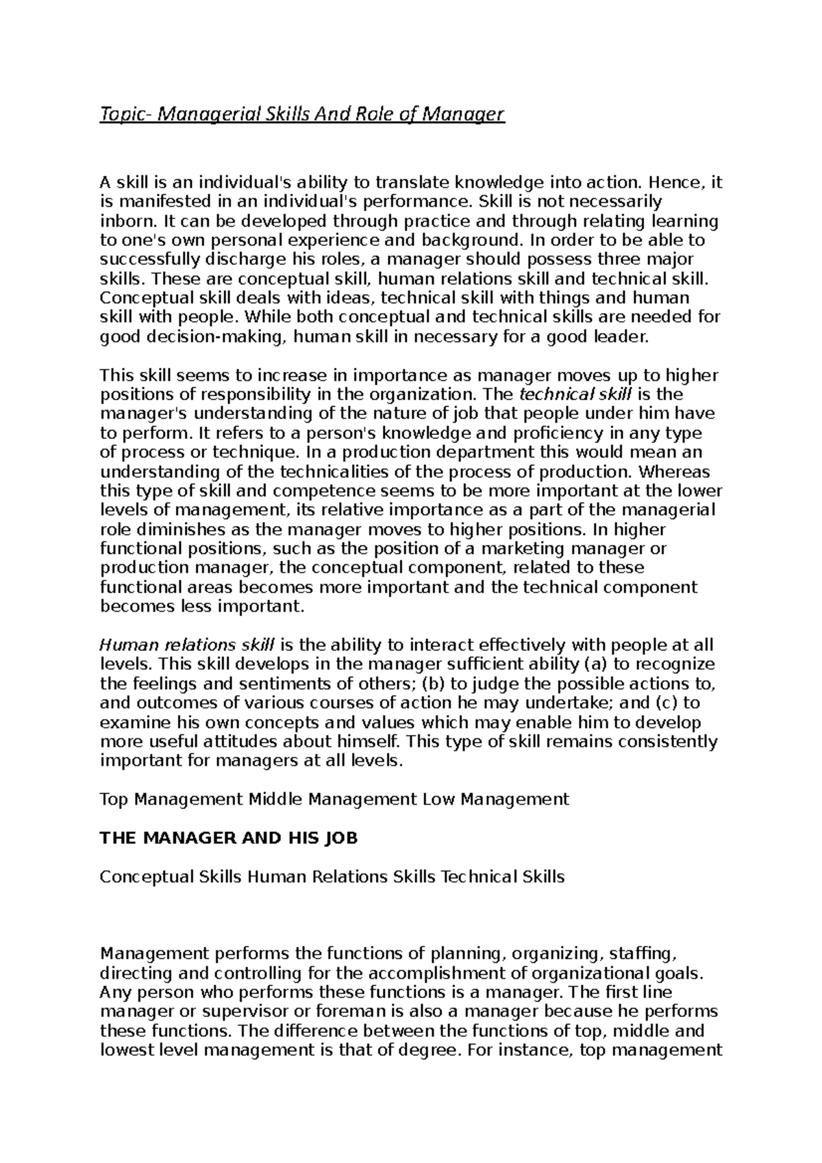 Topic- Managerial Skills And Role of Manager - Hence, it is manifested ...