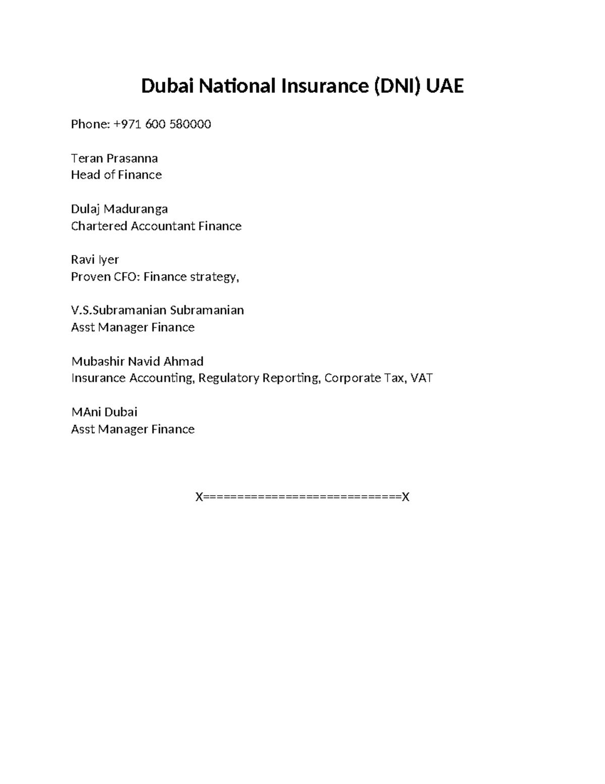 Dubai National Insurance - S Subramanian Asst Manager Finance Mubashir ...