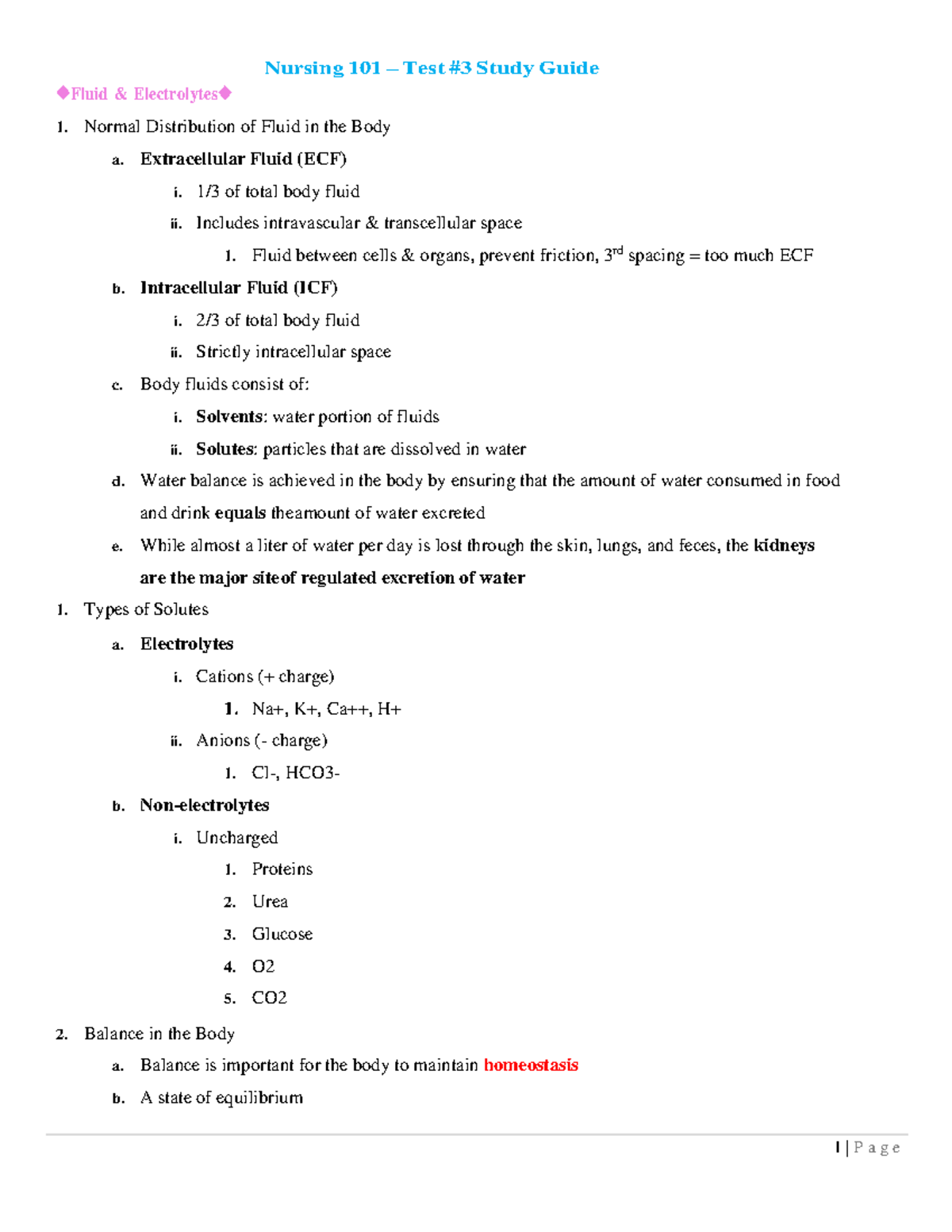 Nursing 101 Test 3 Study Guide - Fluid & Electrolytes Nursing 101 ...