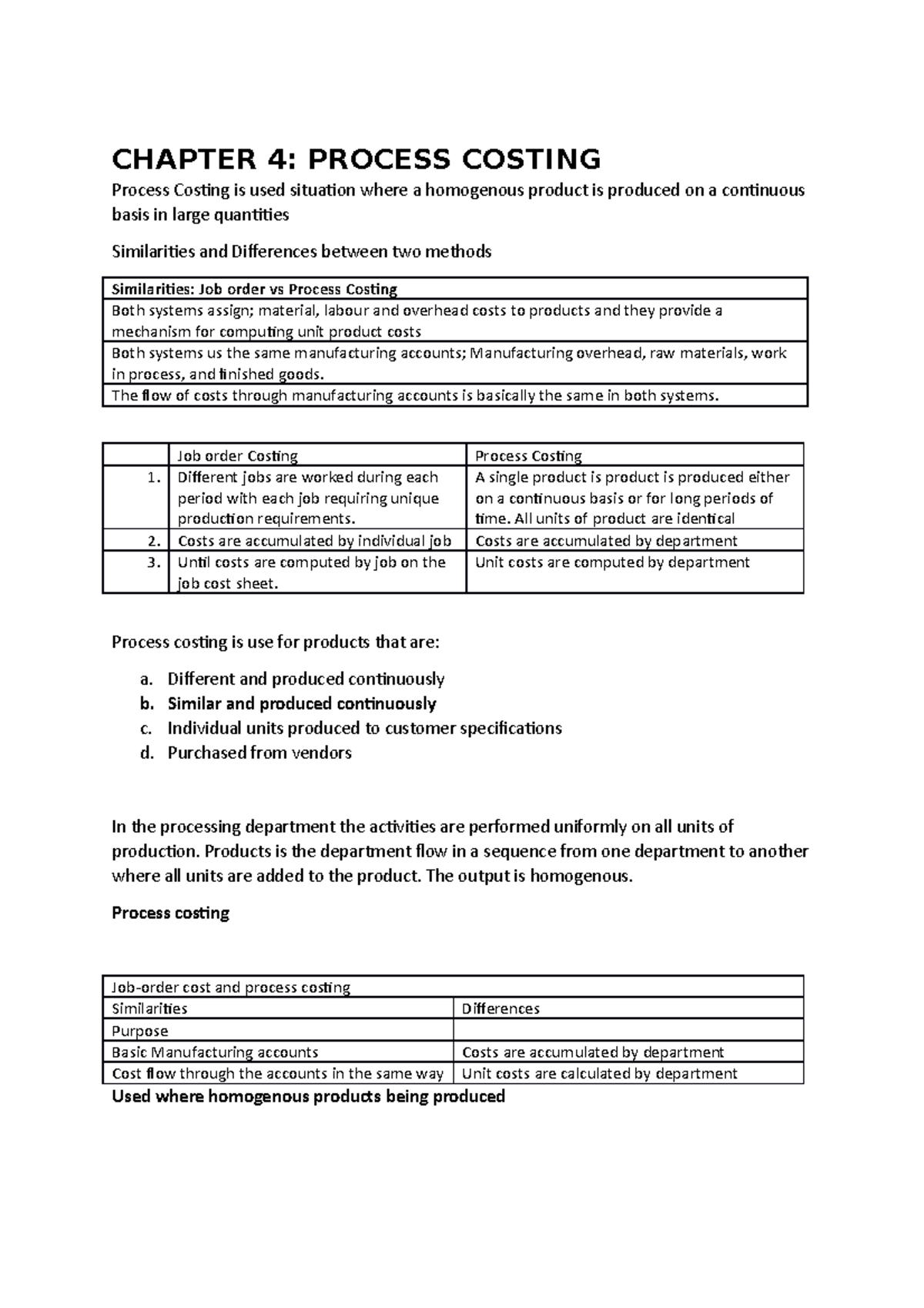 Similarities and Differences between Job Order Costing and Process Costing - Studocu