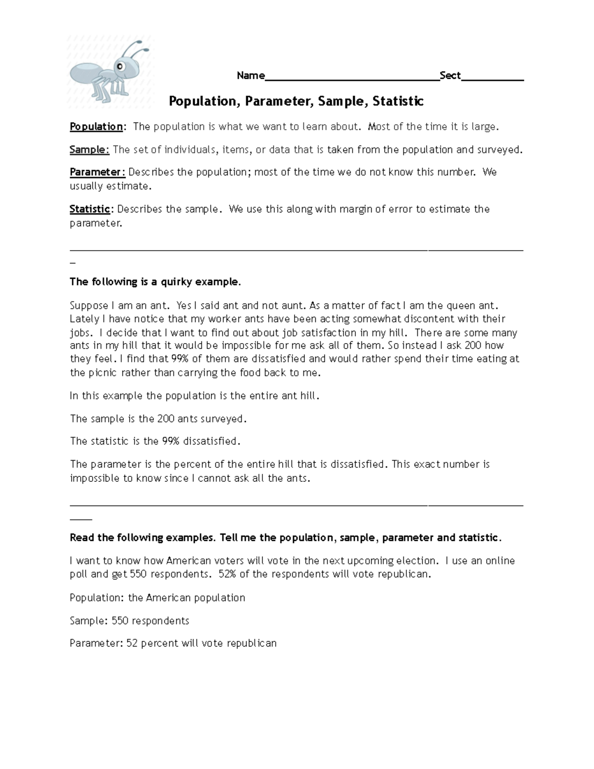 Population sample excercise - Name____________________________Sect ...