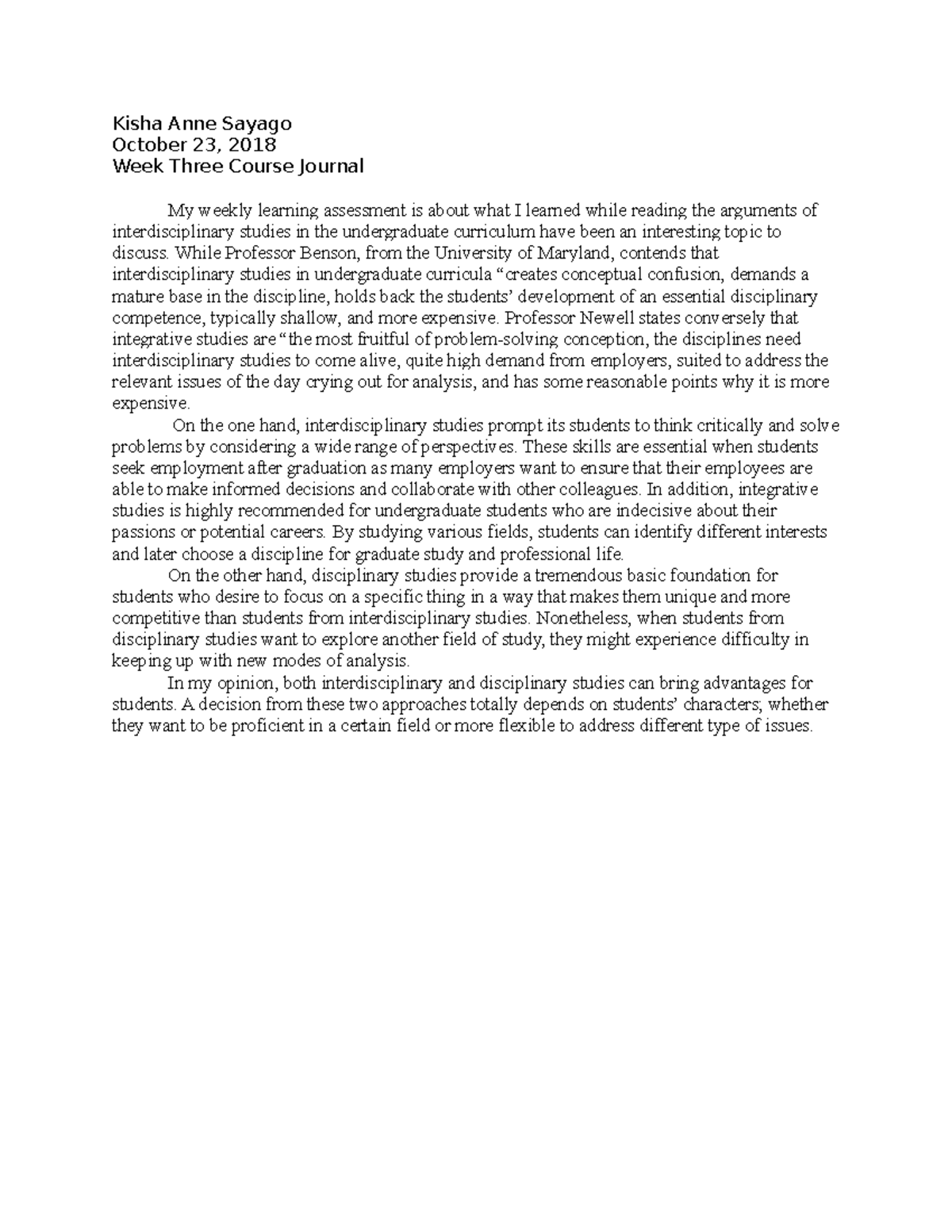 Week Three Course Journal - Kisha Anne Sayago October 23, 2018 Week ...