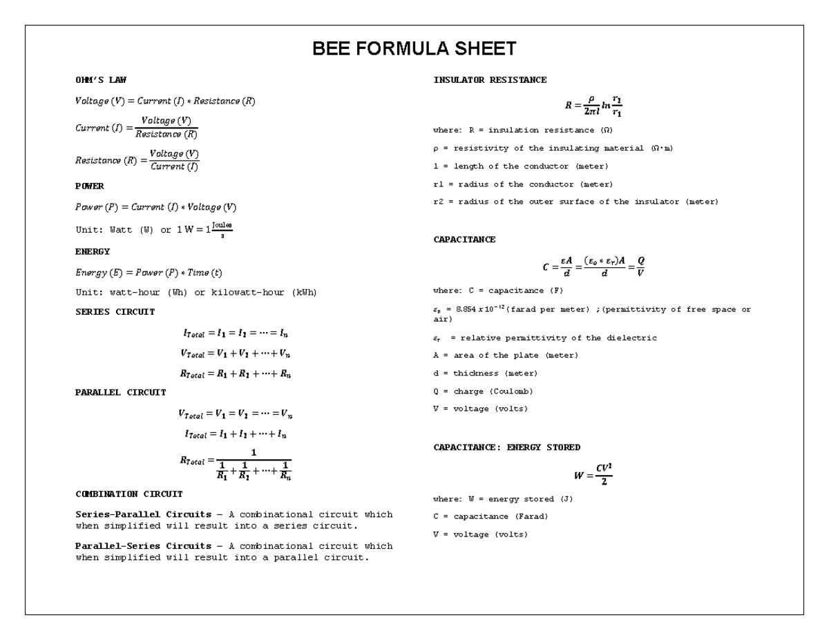 Formula Sheet BEE Midterm - BEE FORMULA SHEET OHM’S LAW 𝑉𝑜𝑙𝑡𝑎𝑔𝑒 (𝑉 ...