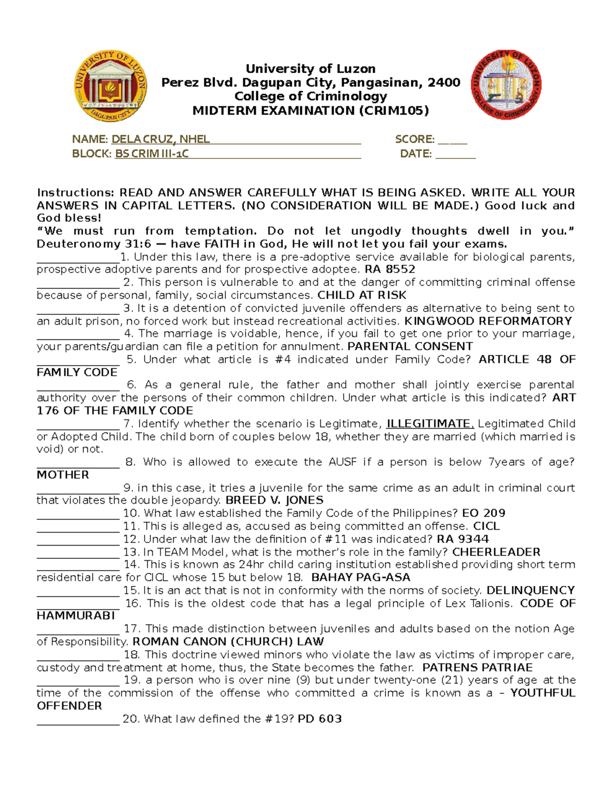 MT-EXAM-CRIM105 - JUVENILE JUSTICE SYSTEM FINAL EXAM - University of ...