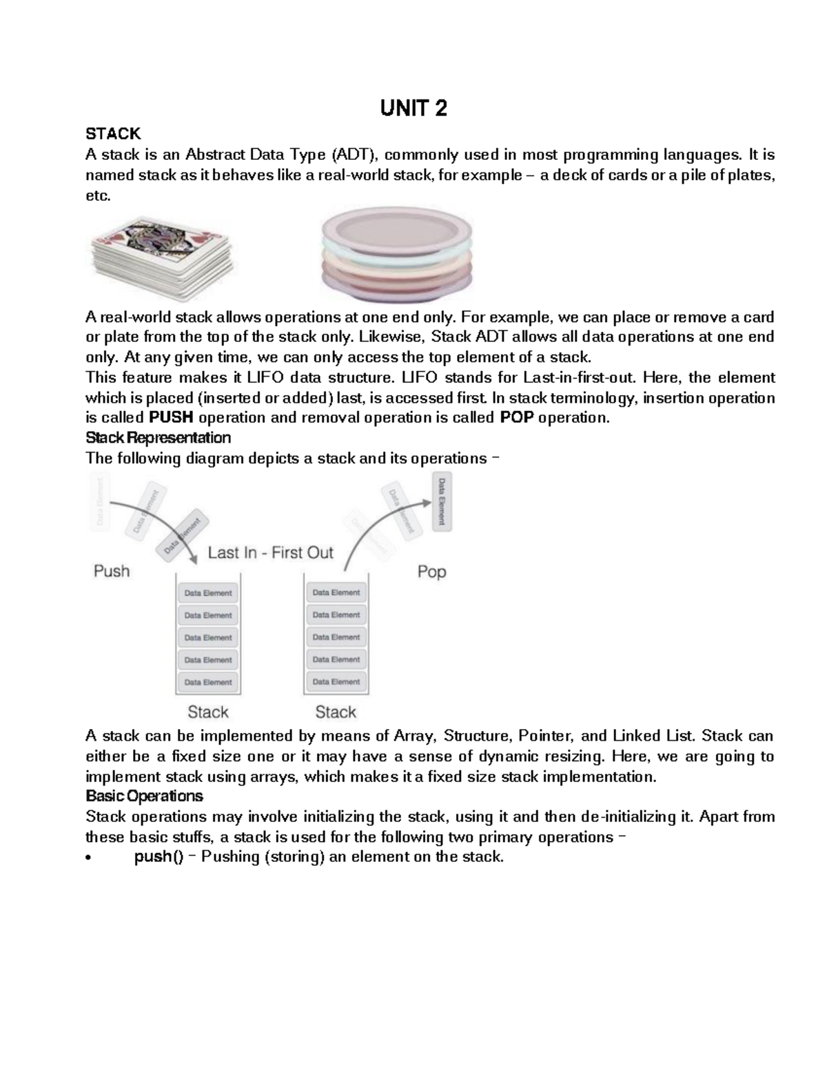 Ds notes unit 2 stack - UNIT 2 STACK A stack is an Abstract Data Type ...
