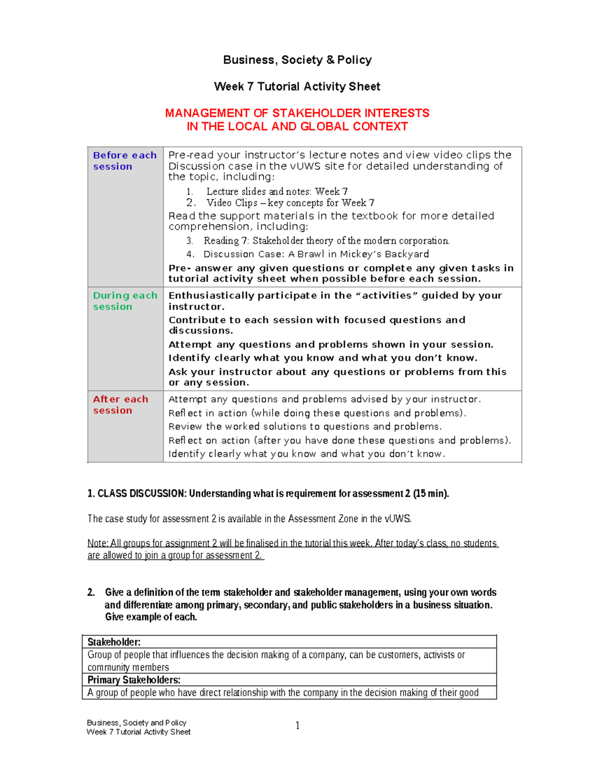 Week 7 Tutorial Activity Sheet - Business, Society & Policy Week 7 ...