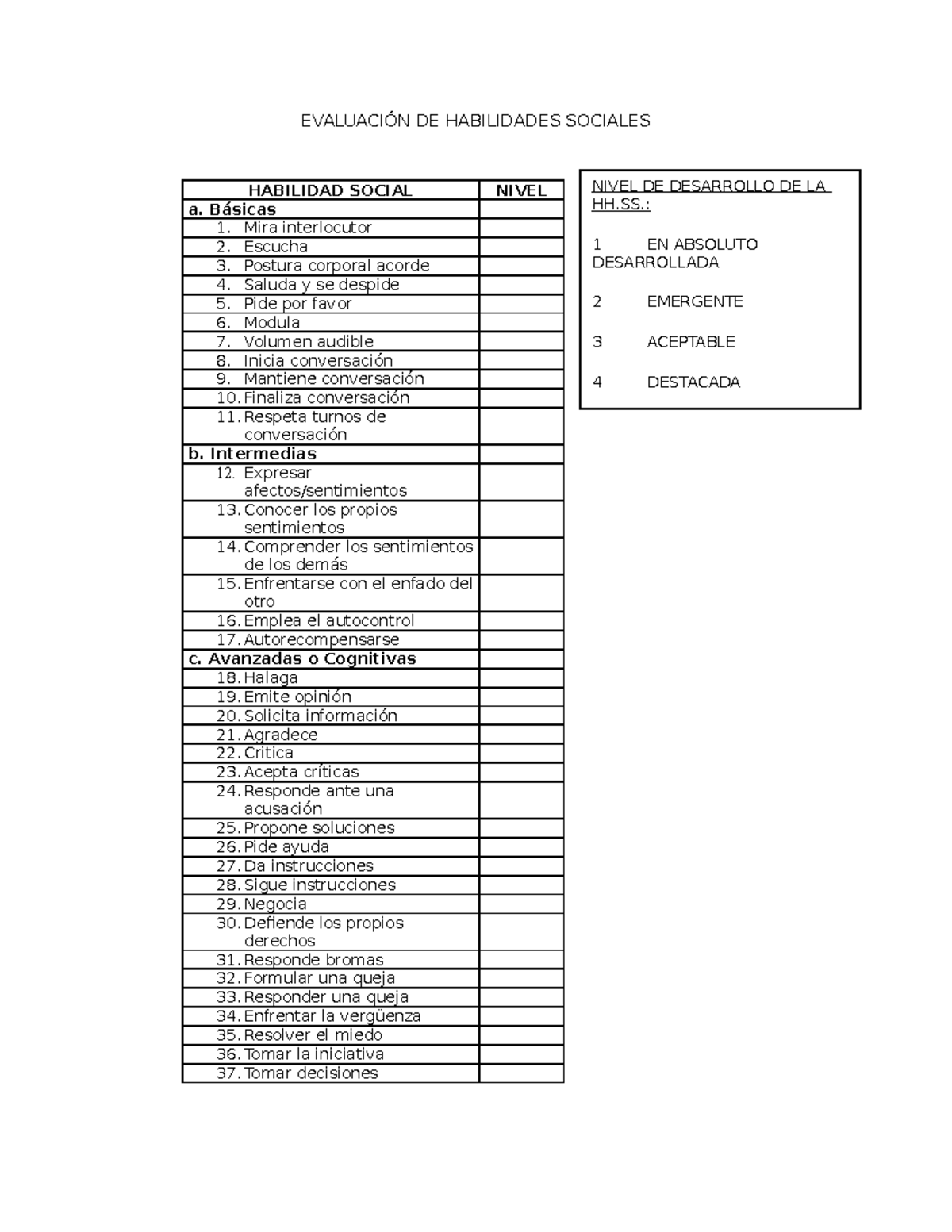 Habilidades Sociales - EVALUACIÓN DE HABILIDADES SOCIALES HABILIDAD ...