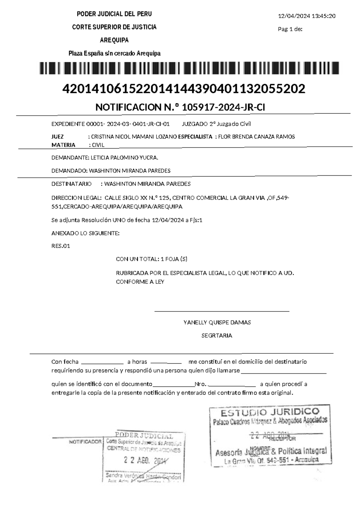 Notificacion para el demandado y demandante - NOTIFICACION N.º 105917 ...