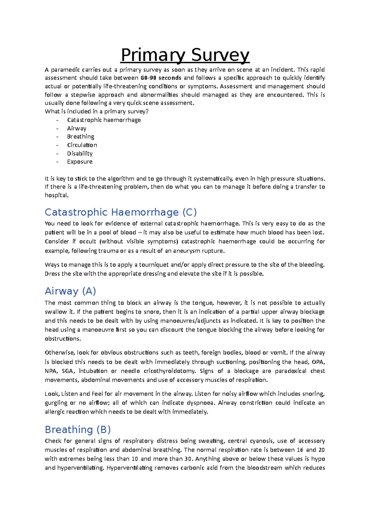 Primary Survey - One section of the module. - Primary Survey A ...