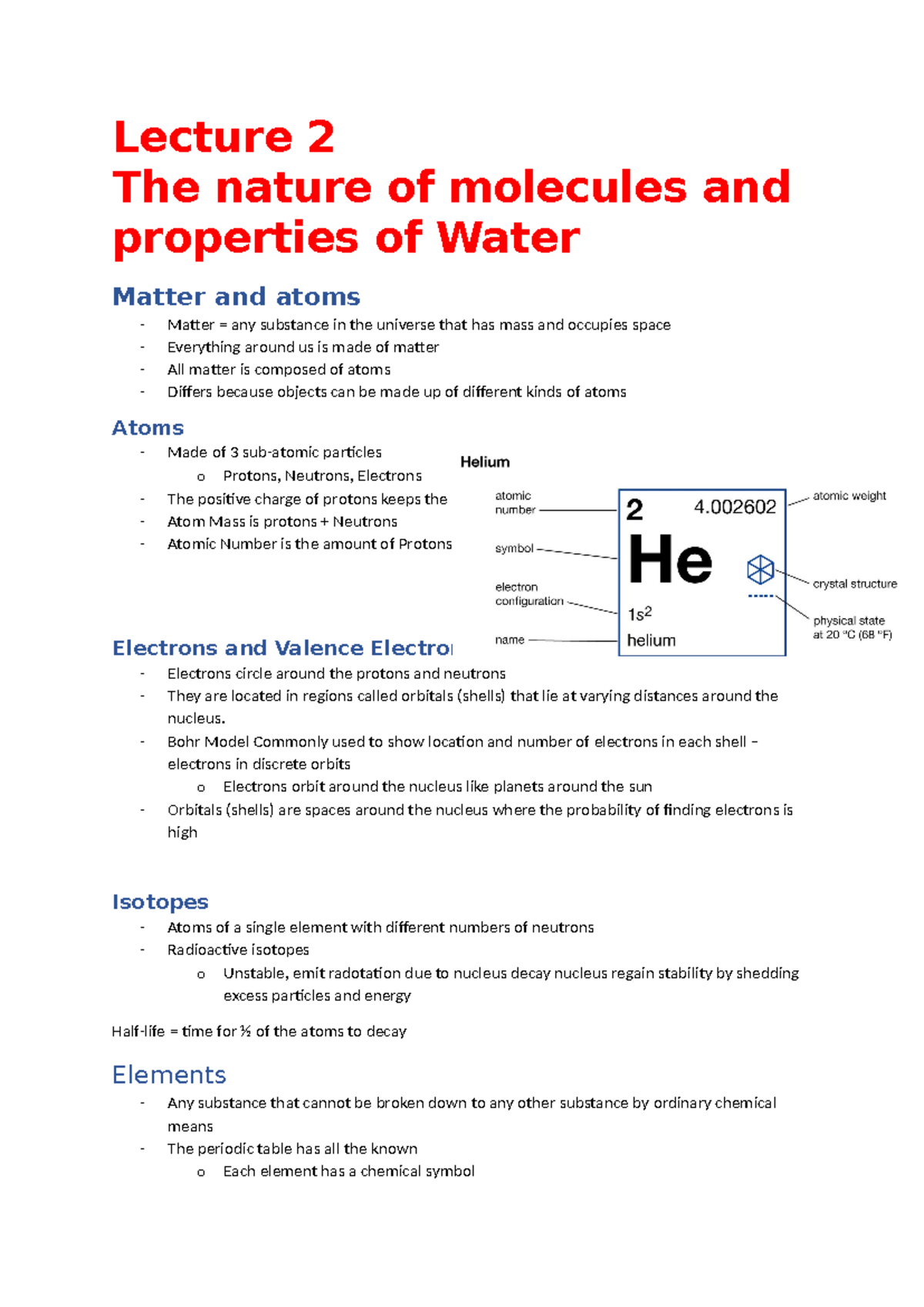 Lecture 2 - Lecture 2 The nature of molecules and properties of Water ...
