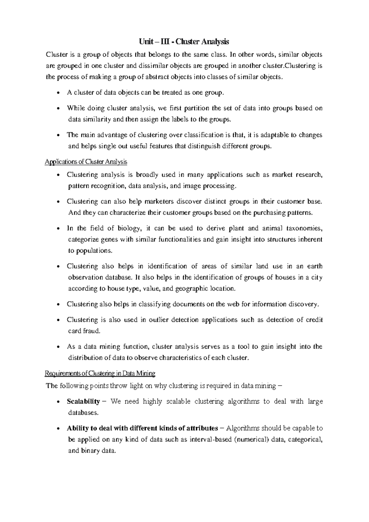 Dm Unit3 1 Unit 3 Unit Iii Cluster Analysis Cluster Is A Group Of Objects That Belongs