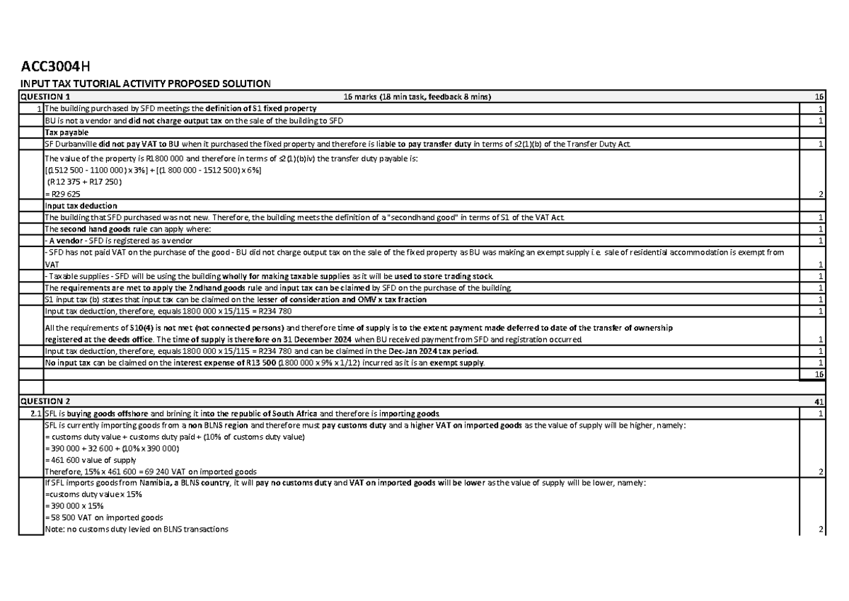 ACC3004H Input Tax Tutorial Activity Proposed Solution - ACC3004H INPUT ...