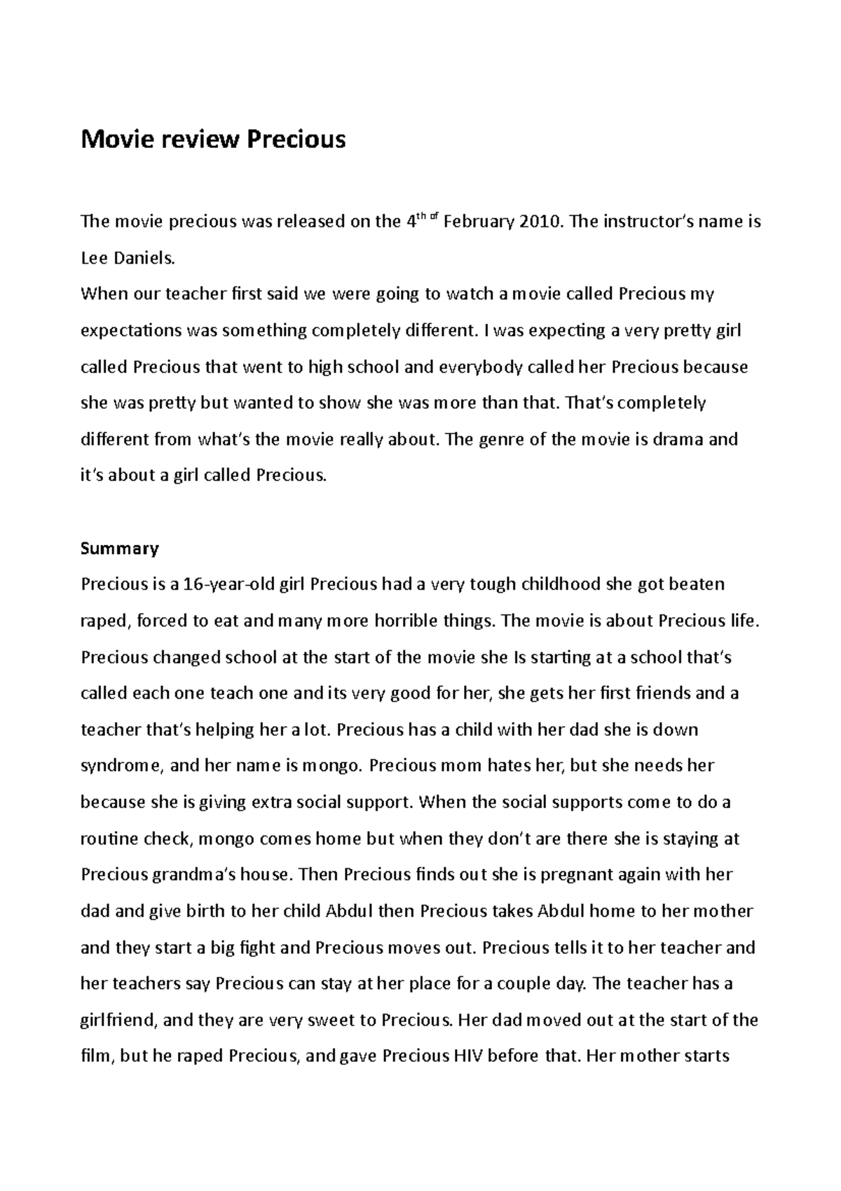 Movie Review Precius - Engelsk - Movie review Precious The movie ...