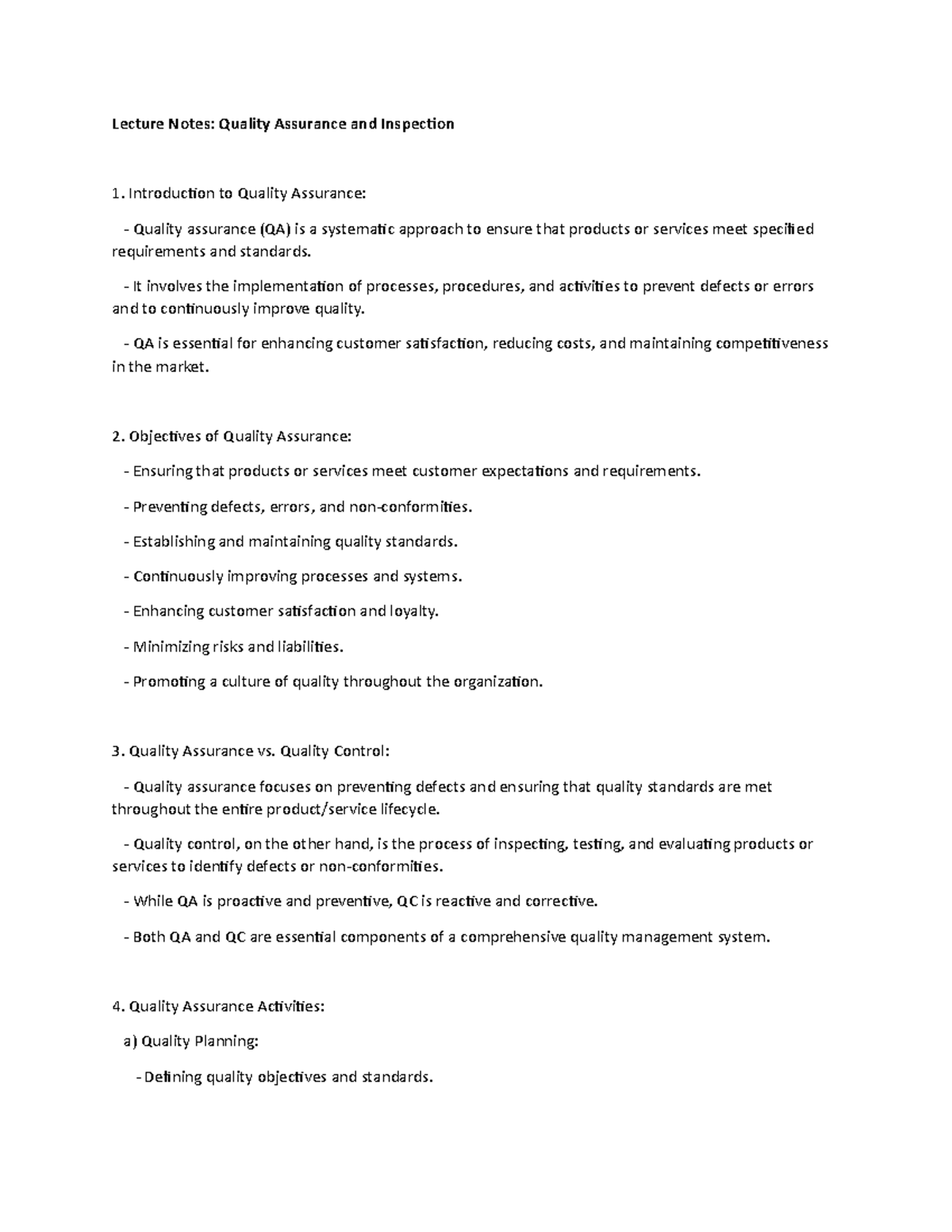 Lecture Notes Quality Assurance And Inspection Lecture Notes Quality Assurance And